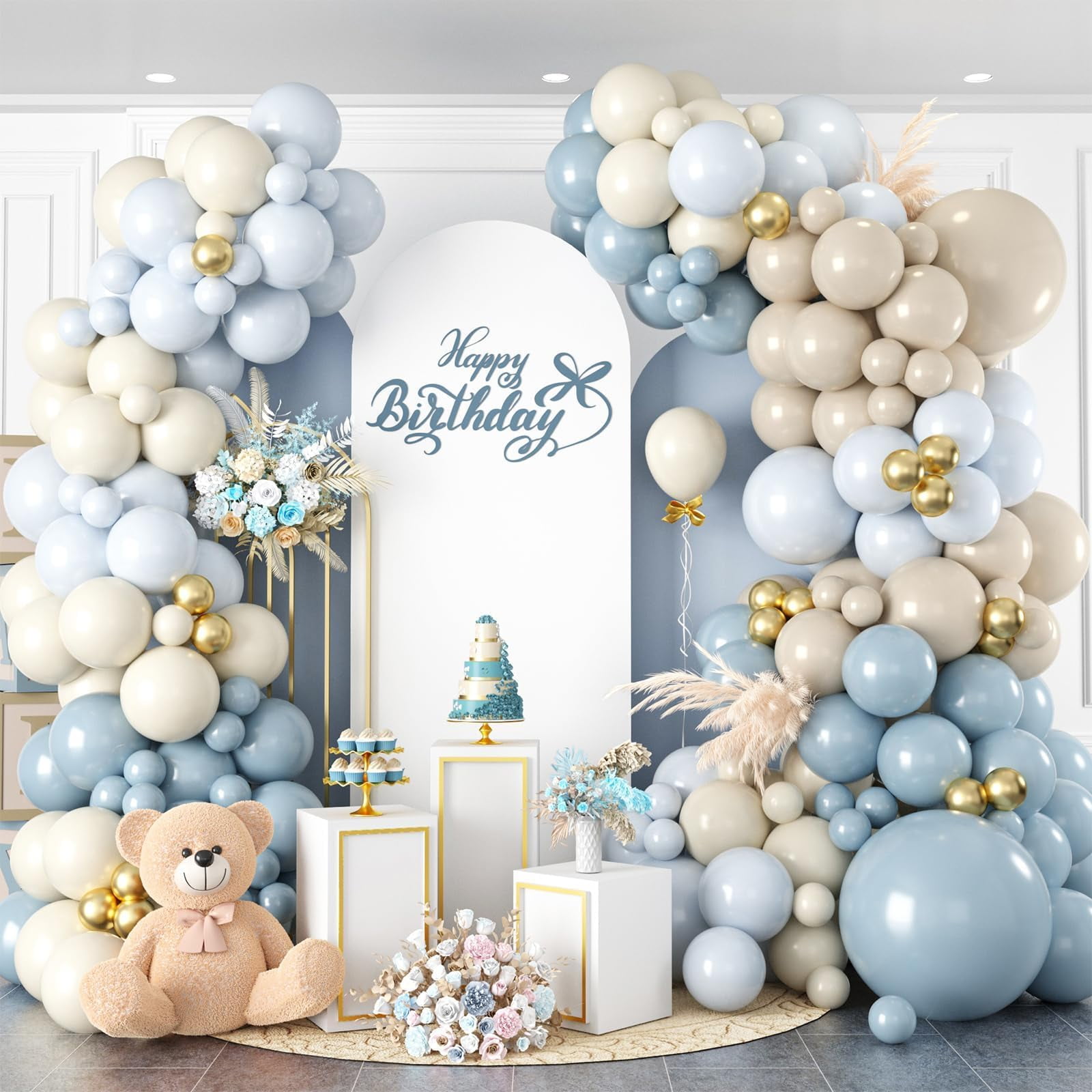 Dusty Blue Balloon Arch Kit,122Pcs Light KKS1 Blue Sand White Metallic Gold Matte Balloons for ...