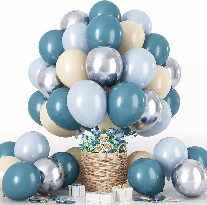 Dusty Blue Balloon Set, 60Pcs 12 Inch Slate Baby Blue White Sand Latex Balloon with Metallic ...