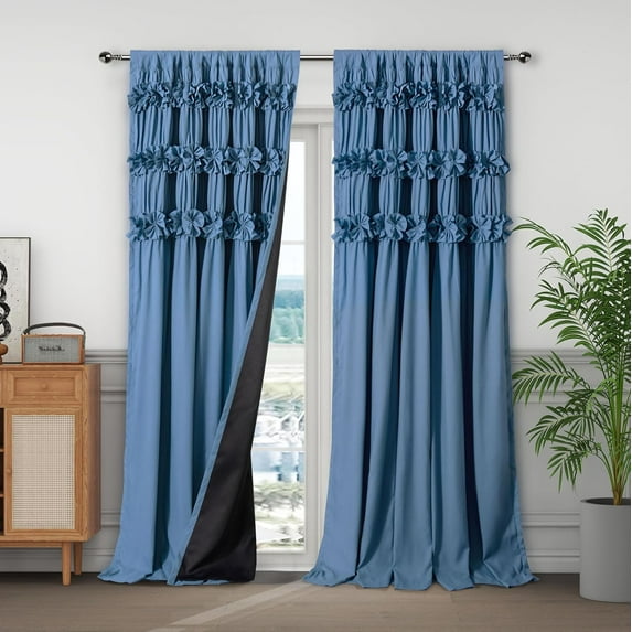 Dusty Blue Blackout Curtains with 3 Rows of Handmade Butterfly Flower ...