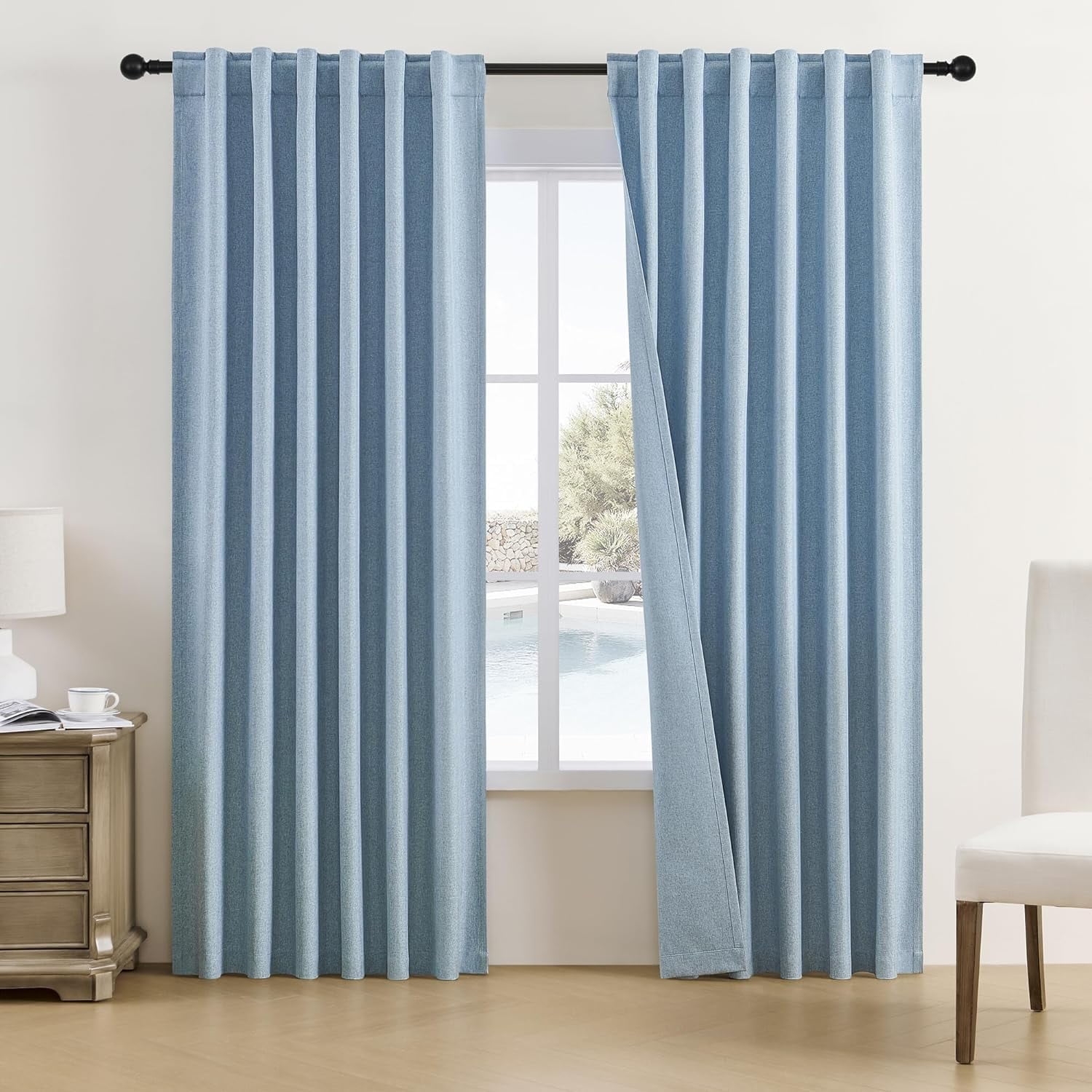 Dusty Blue Blackout Linen Curtain Panels 84 Inch Length 2 Panels Set Soundproof Privacy Window ...