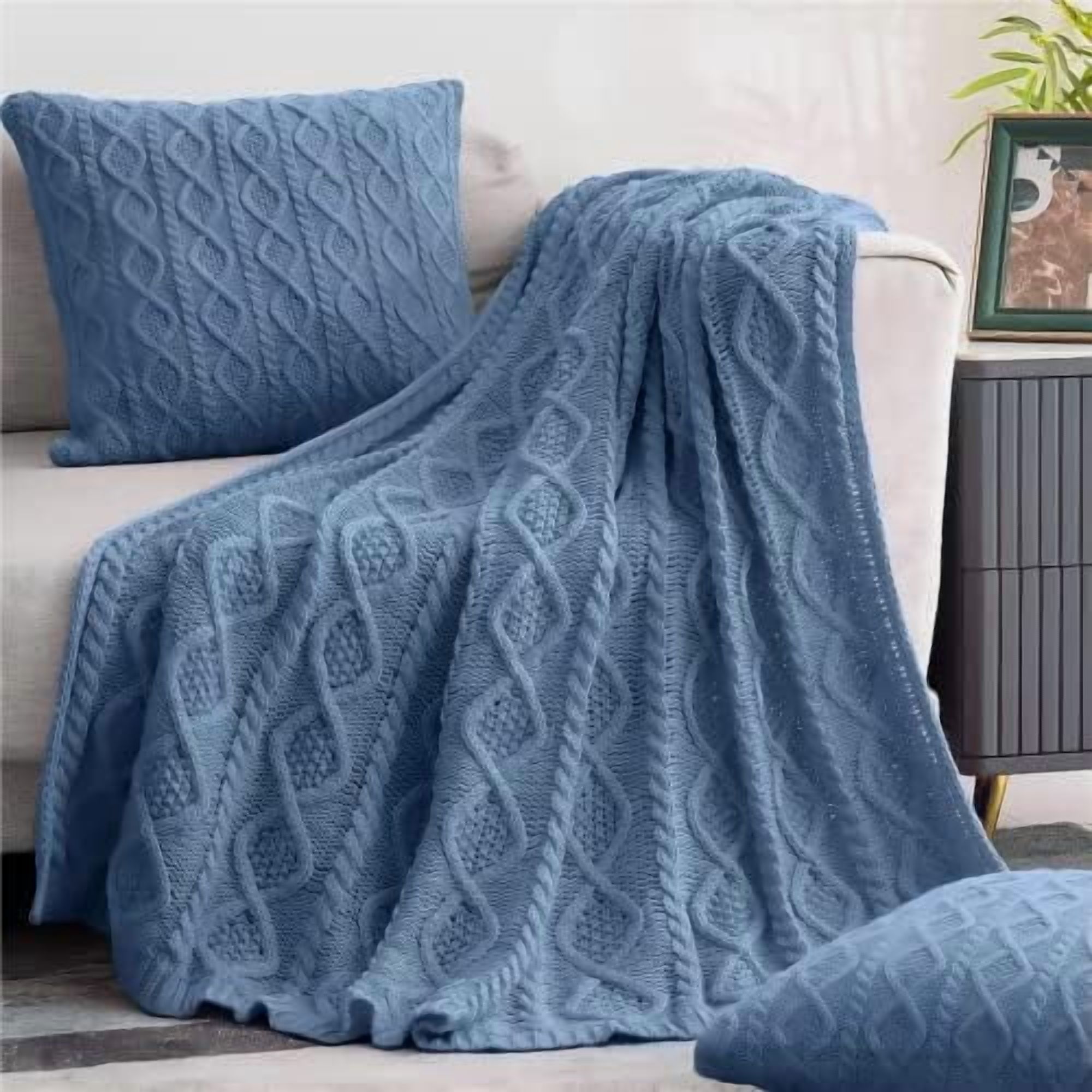 Dusty Blue Cable Knit Throw, 60 x 80 Inch, Lightweight Acrylic Knitted ...