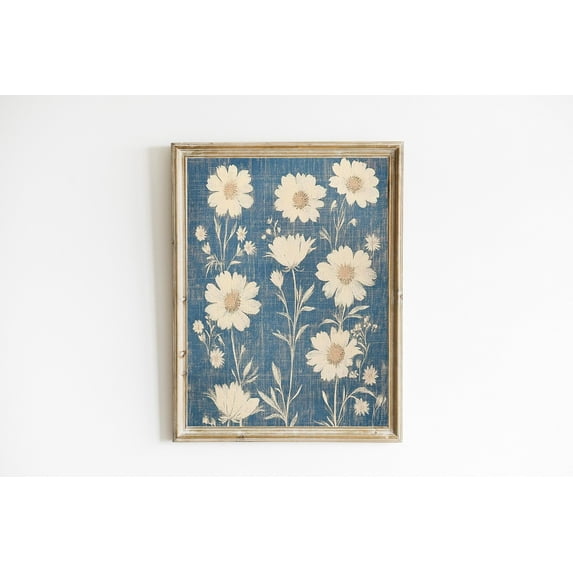 Dusty Blue Daisy Textile Blue Tapestry Wall Art Poster Vintage Traditional Wall Art Poster Art ...
