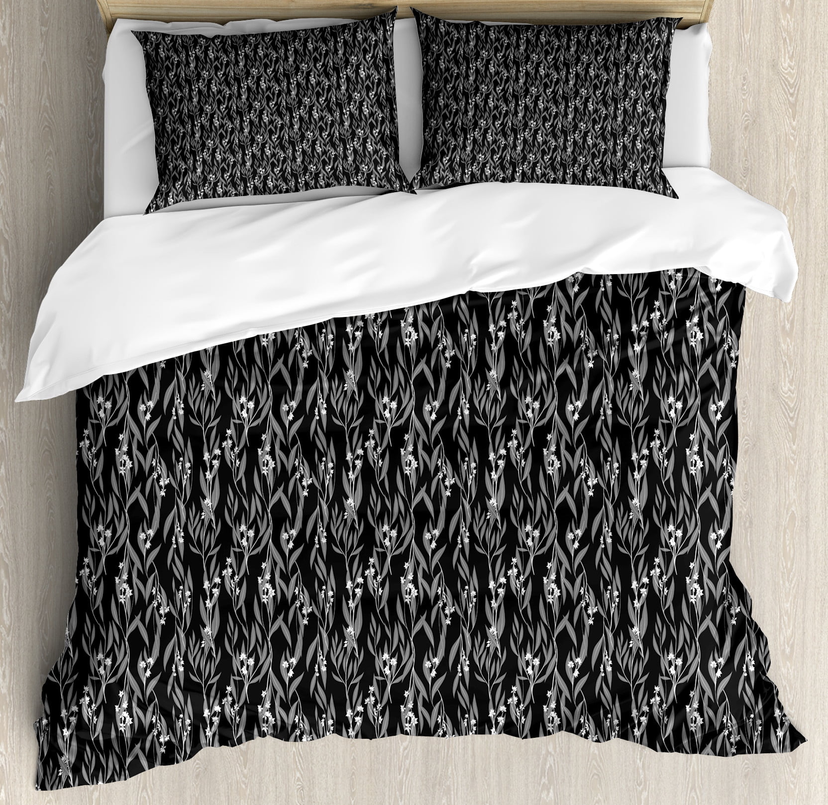Dusty Blue Duvet Cover Set, Monochrome Leaves Branches and Flowers Old ...