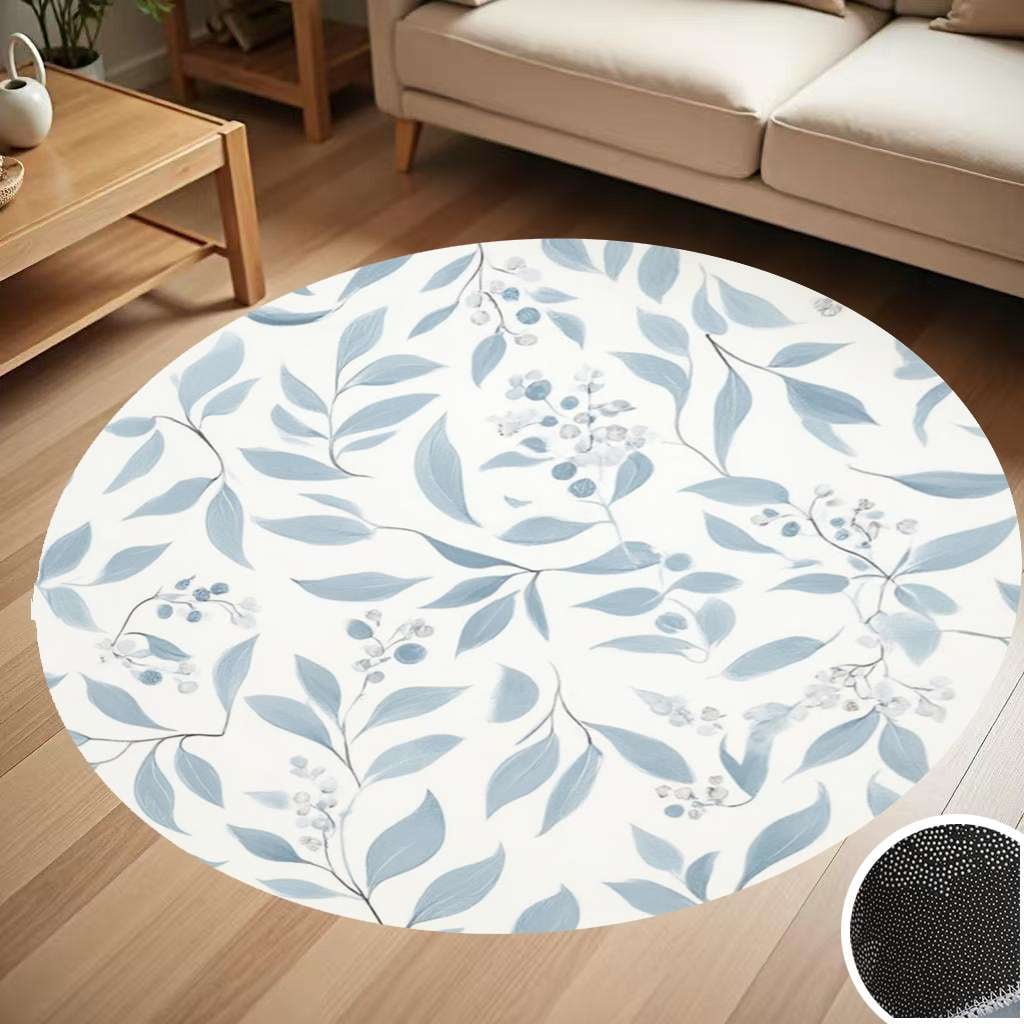 Dusty Blue Floral Leaf Pattern Round Carpet Living Room Bedroom Home ...