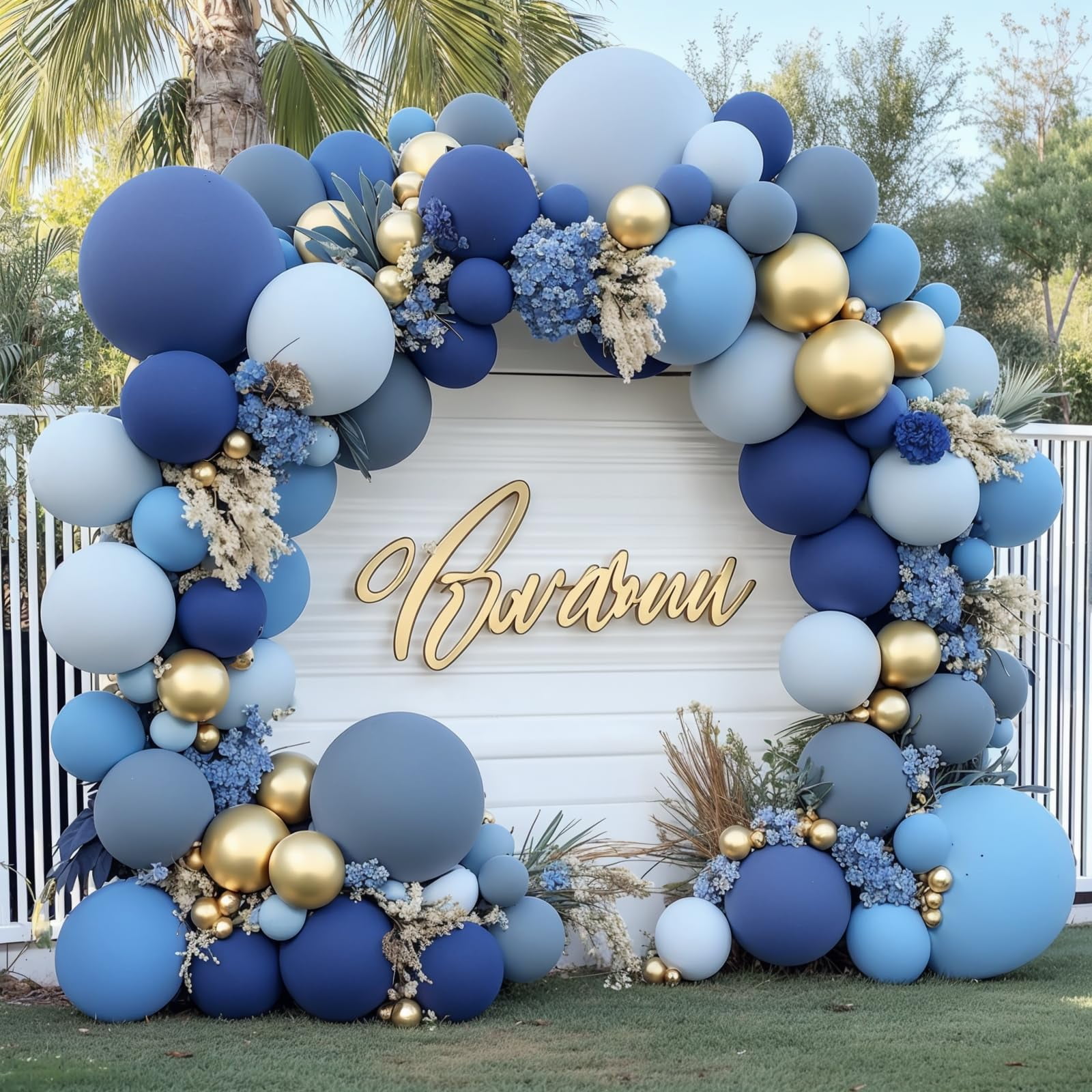 Dusty Blue Gold Balloons Arch Kit, Double H2FSDStuffed Balloon Arch ...