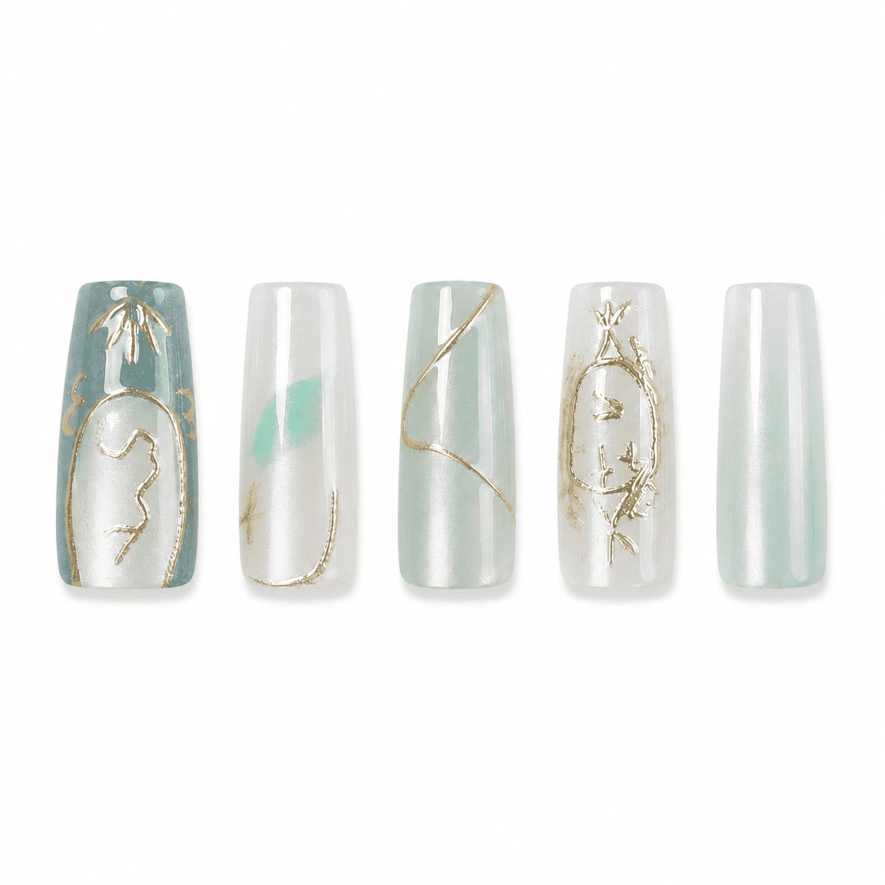 Dusty Blue Gold Vine Press on Nails, Medium Square Glossy Artificial ...
