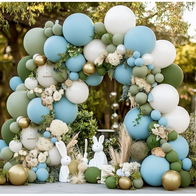 Sage Green Blue Balloon Garland Double Stuffed Olive Blue Gold Latex ...