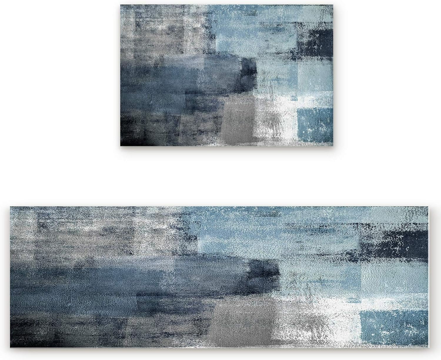Dusty Blue Kitchen Rugs and Mats Set of 2 Blue Grey Abstract Mordern ...