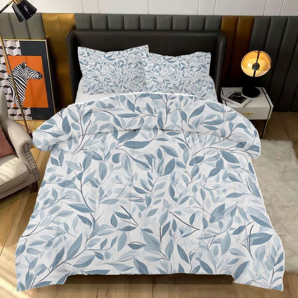 Dusty Blue Leaf Pattern Comforter Set Full Size Bedding Set For Travl ...