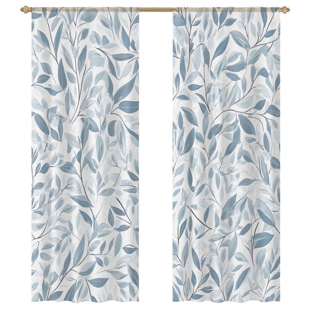 Dusty Blue Leaf Pattern Sheer Voile Curtain Window Tulle Curtains For ...