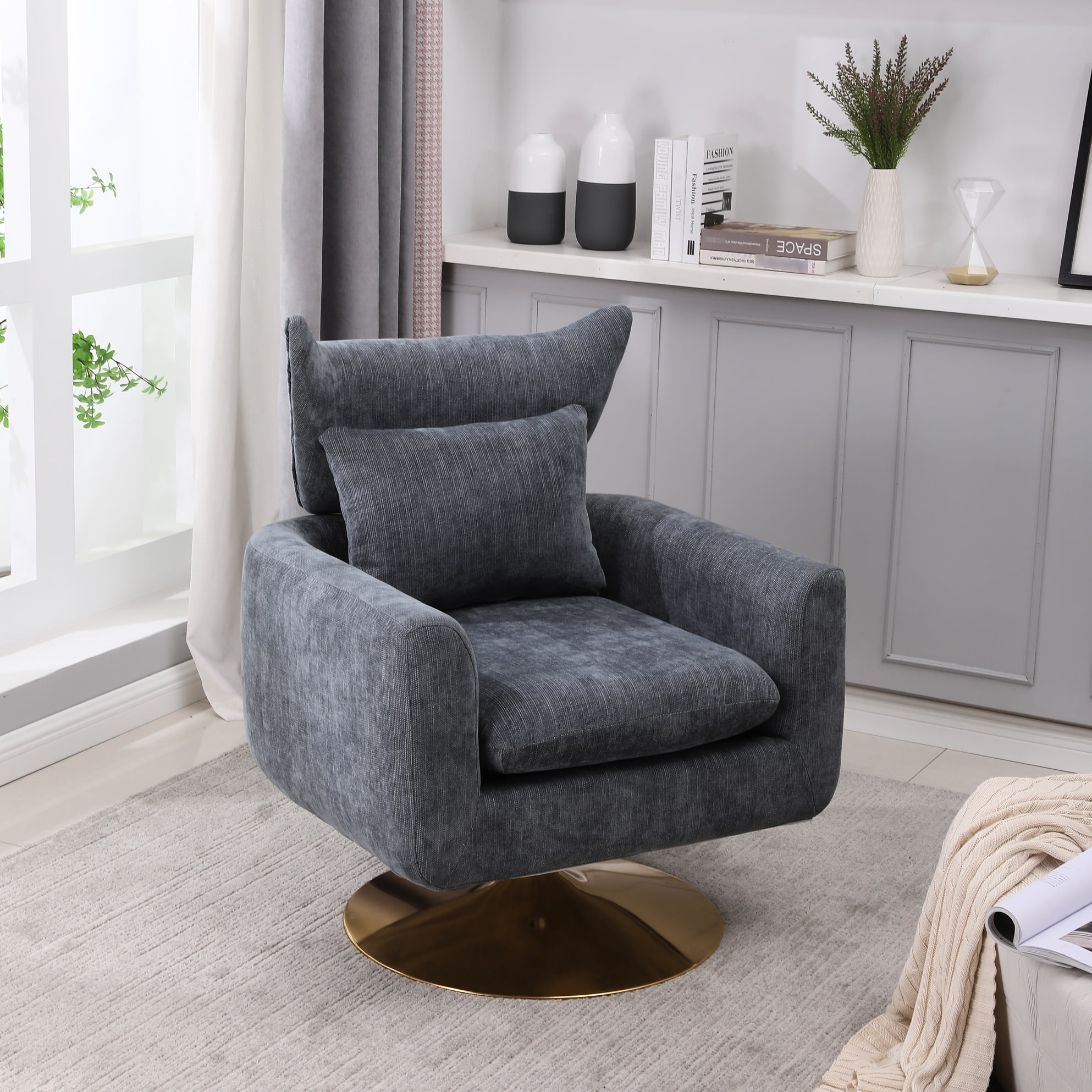 Dusty Blue Linen Swivel Chair For Living Room - Glamorous Golden Base ...