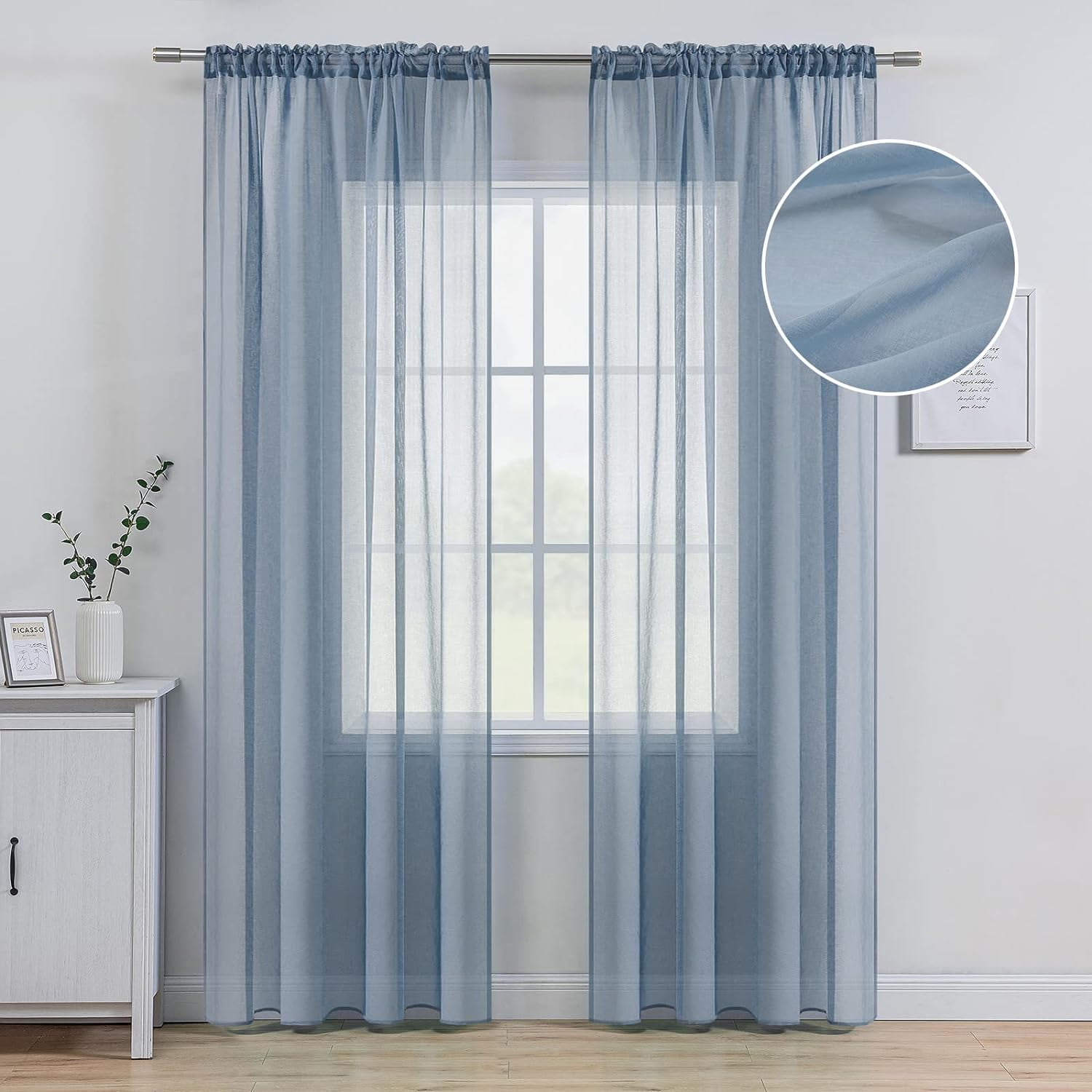 Dusty Blue Linen Textured Sheer Curtains 84 Inches Long 2 Panels for ...