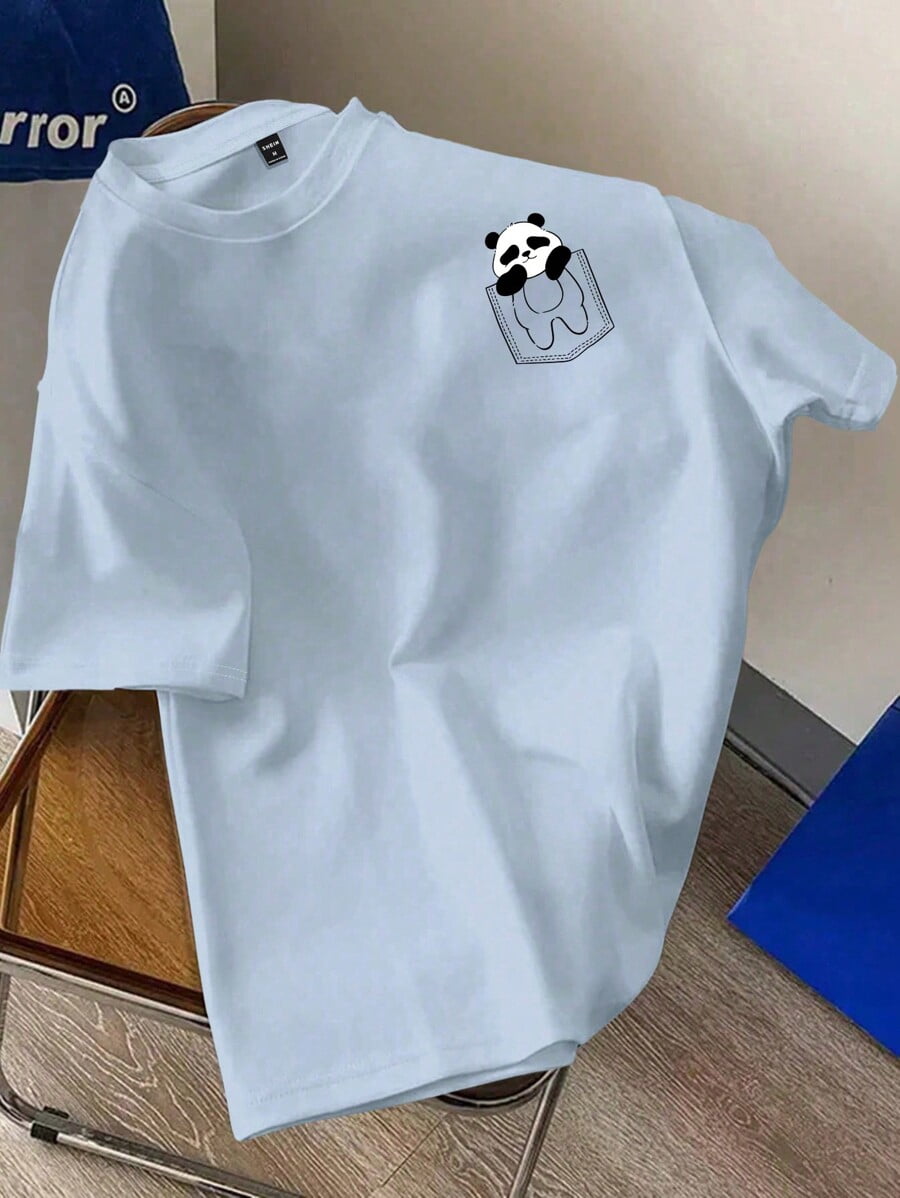 Dusty Blue Mens Regular Fit Panda Pocket Print Short Sleeve T-Shirt ...