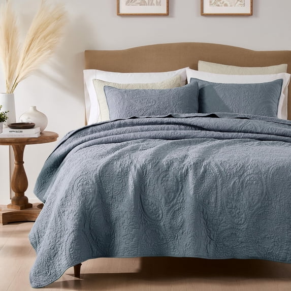 Dusty Blue Paisley Cotton Quilt Size Bedding Sets With 1 Pillow Sham ...