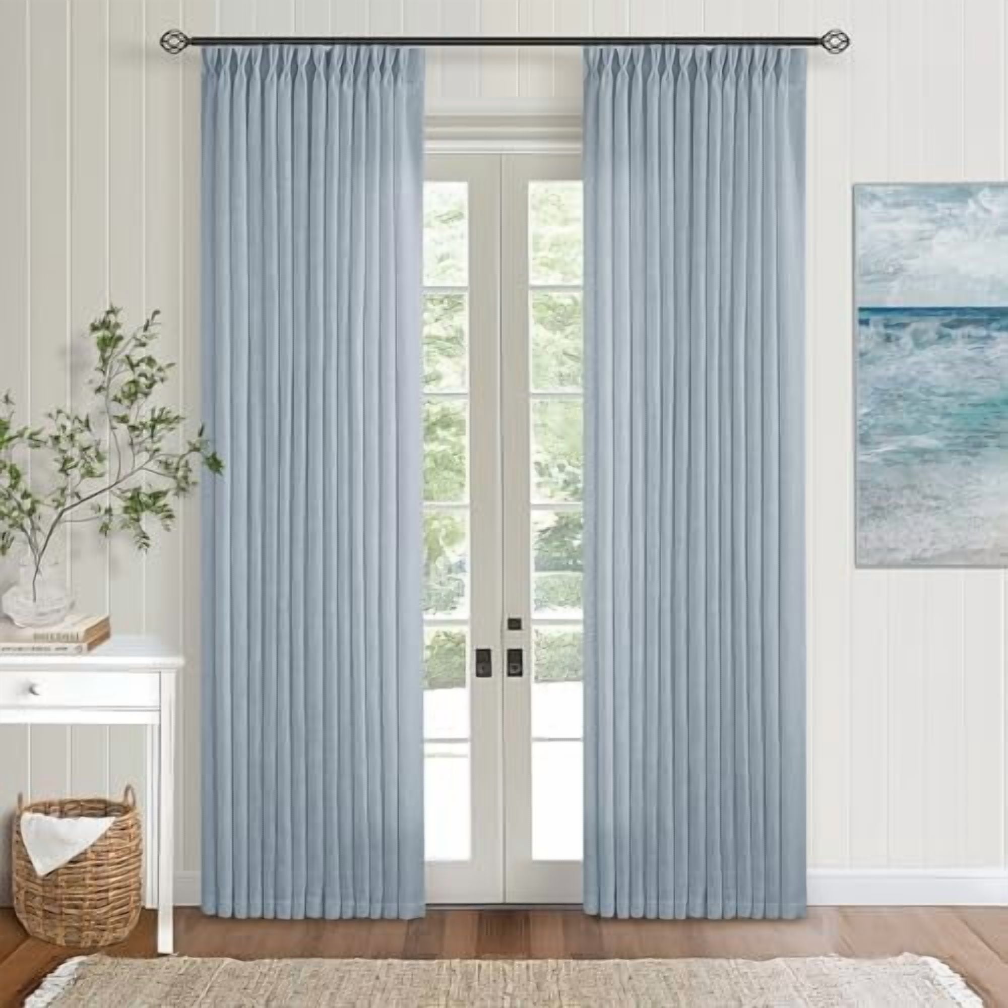 Dusty Blue Pinch Pleated Linen Curtains 84 Inches Long 2 Panels Set for ...