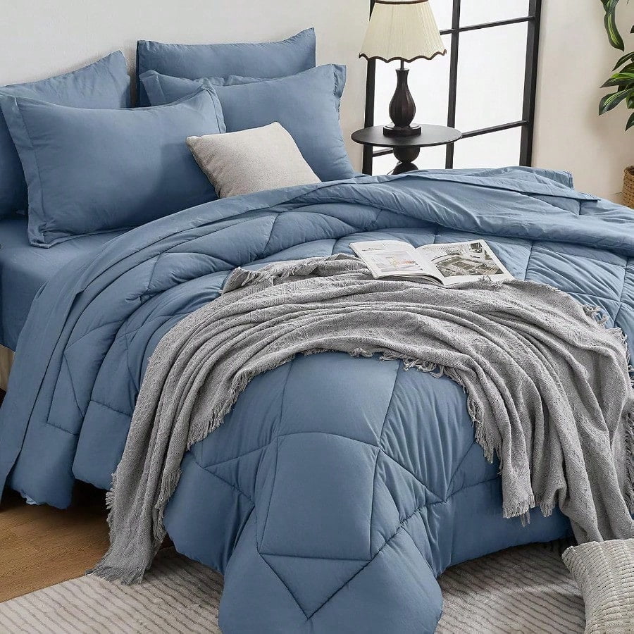Dusty Blue Queen Comforter Set - 7-Piece All Season Bed in a Bag Queen ...