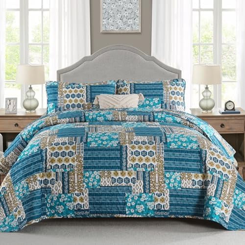 Dusty Blue Quilt Set Queen Size, 3 Pieces Plaid Floral Bedspread Set ...
