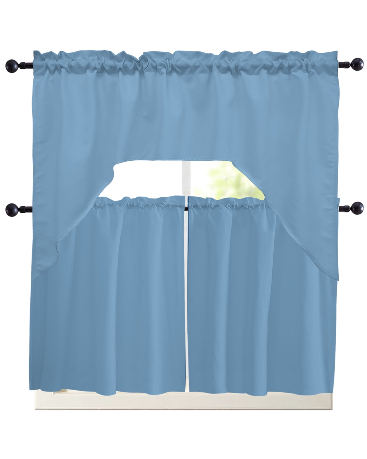 Dusty Blue Swag Valance and Tier Curtains Set Solid Color Kitchen ...