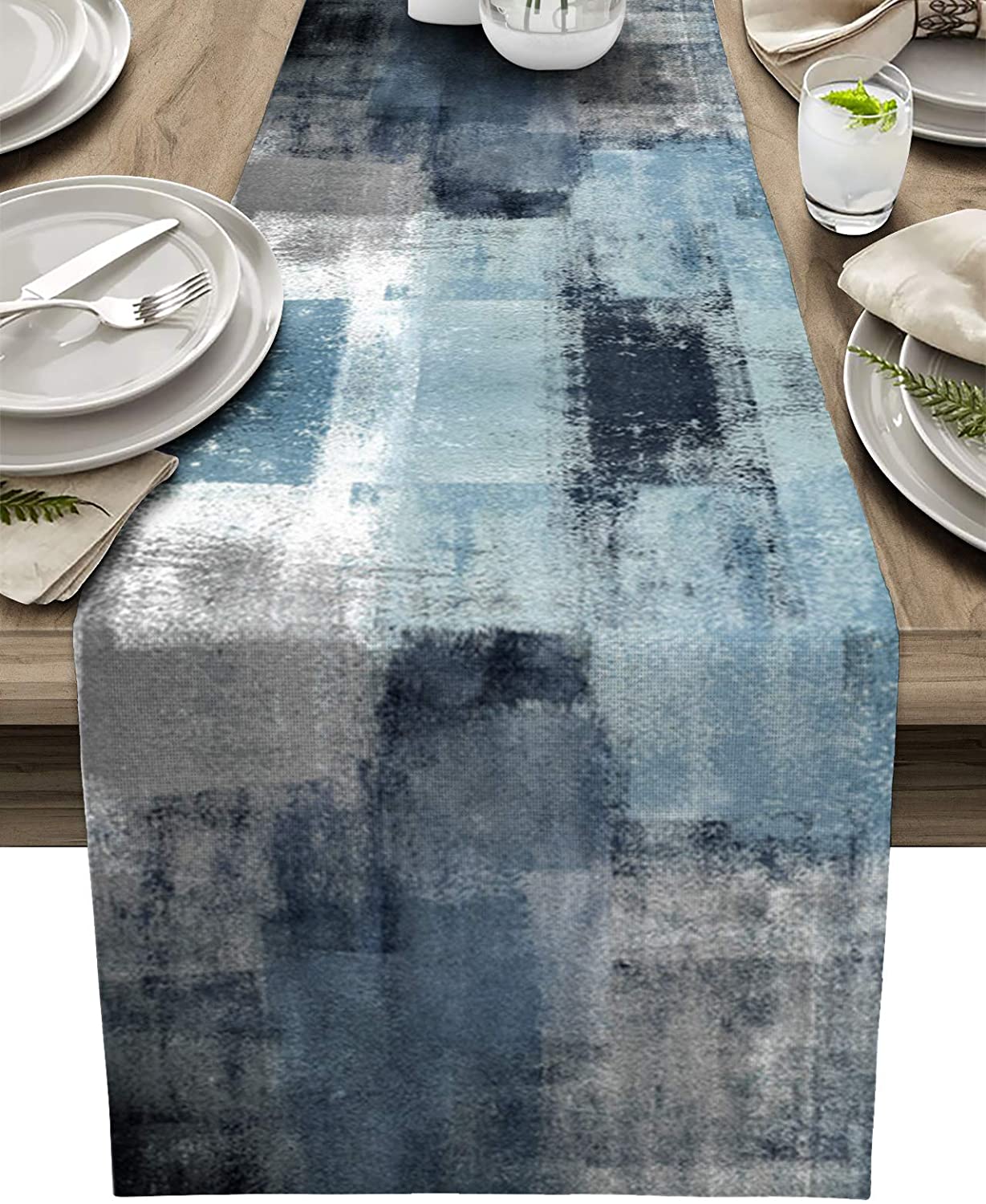 Dusty Blue Table Runner 120 inches Long Blue and Gray Abstract Art ...