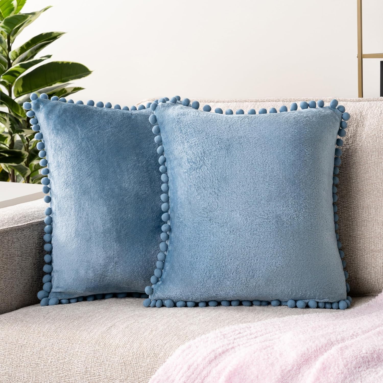 Dusty Blue Throw Pillow Covers with Pom Pom 18x18 Set of 2, Decorative ...