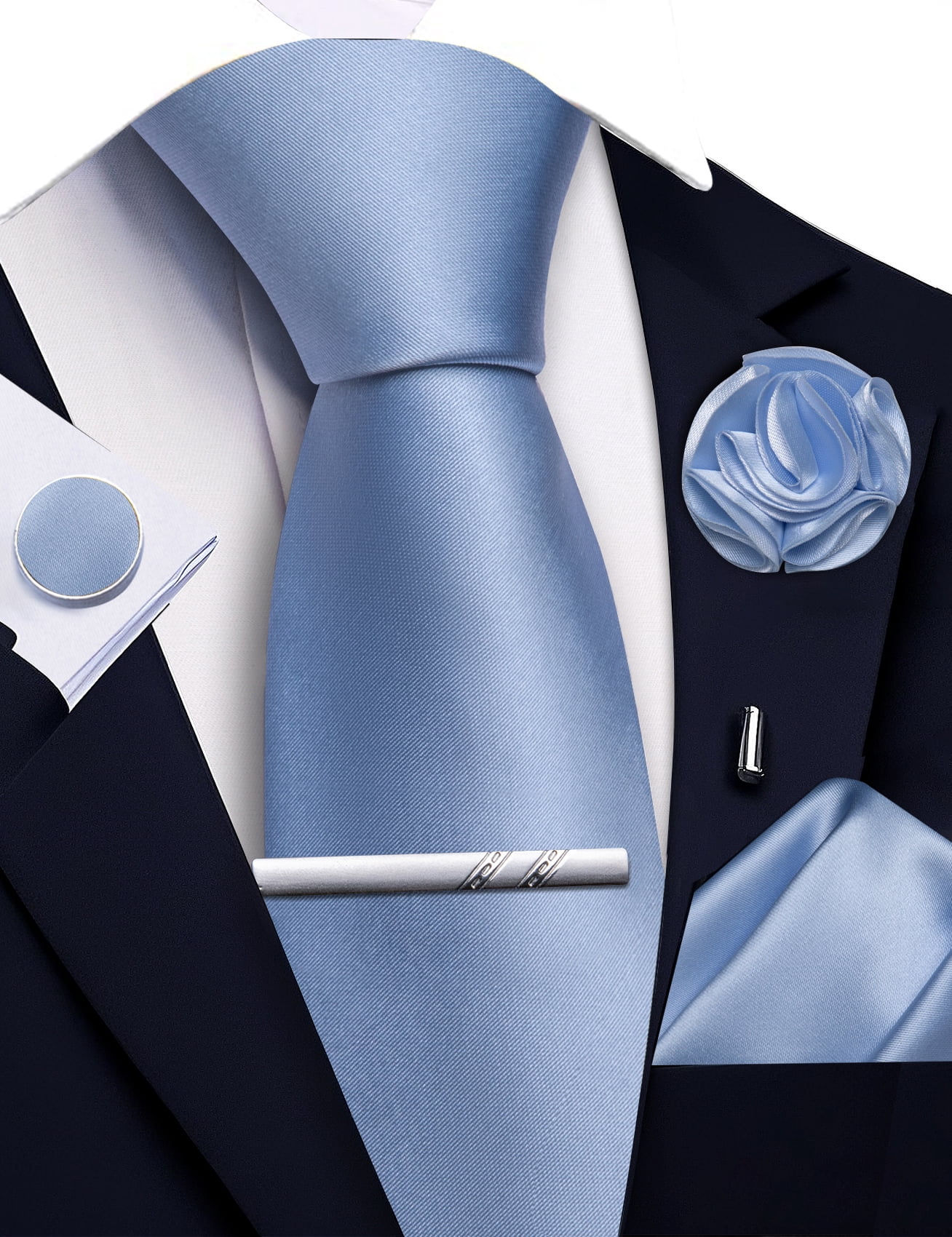 Dusty Blue Ties for Men Silk Satin Necktie and Pocket Square Cufflinks ...