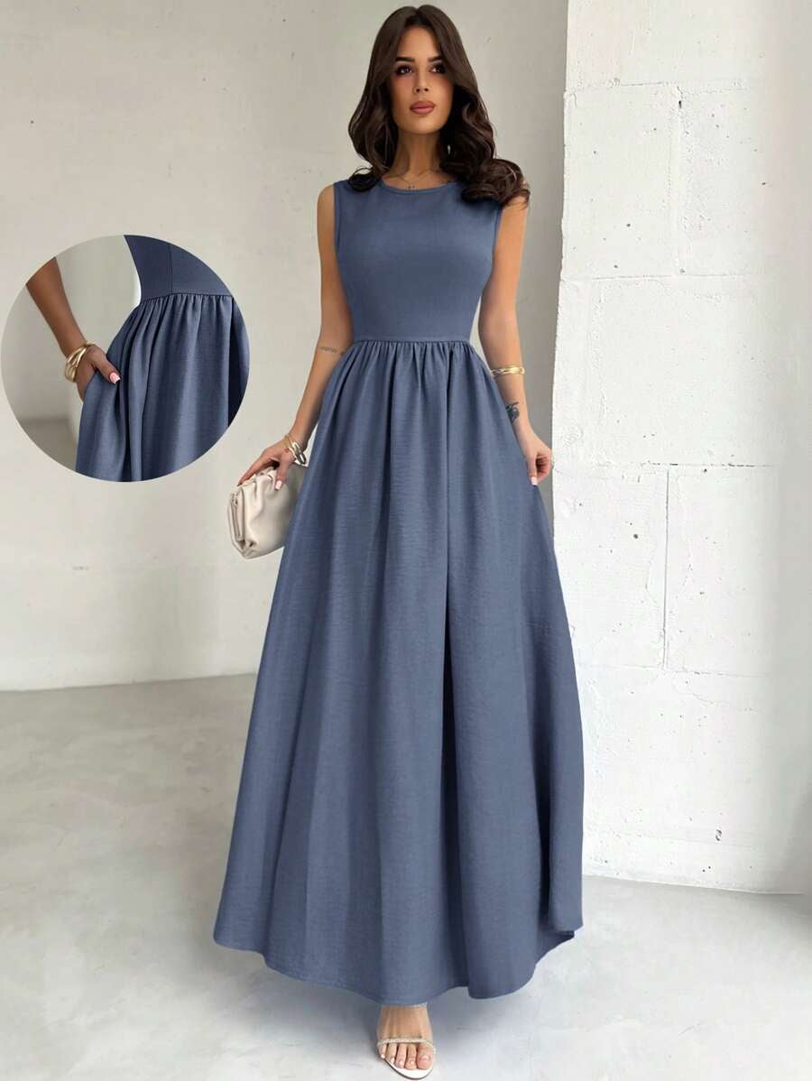 Dusty Blue Womens Sleeveless A-Line Maxi Dress, Fitted Waist, Elegant ...