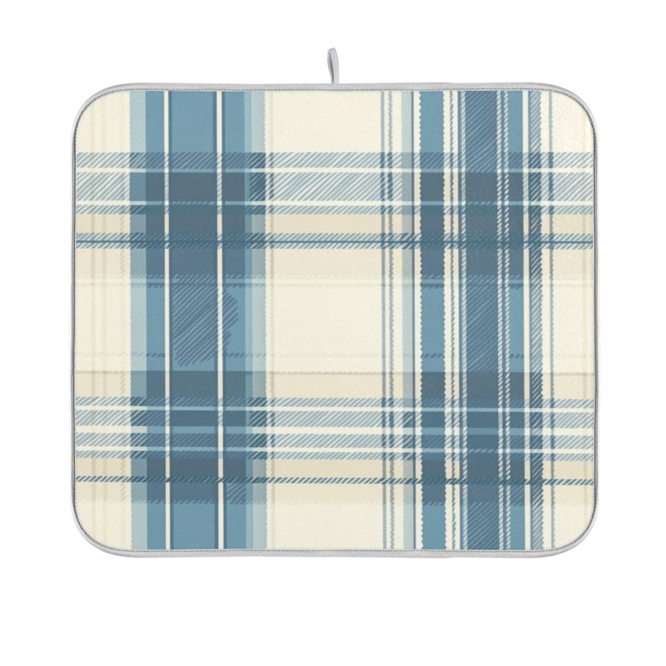 Dusty Blue and Beige Check Dish Drying Mat Kitchen Mats Microfiber ...