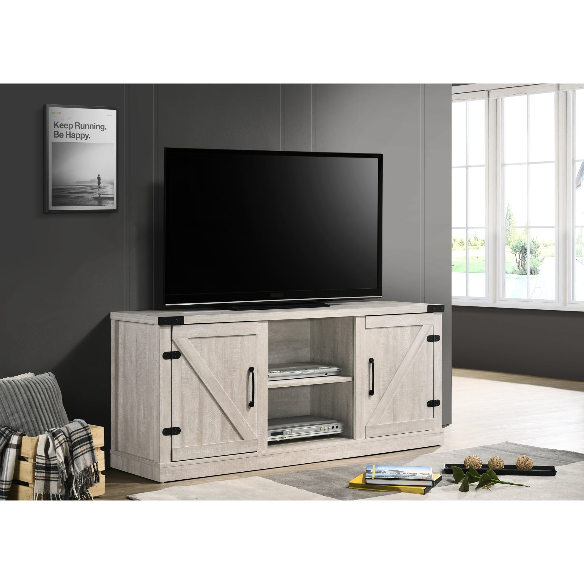 Dusty Gray 58" Tv Stand With 2 Open Shelves & Cabinets, Suits 63-inch Tvs, Black Engaging ...
