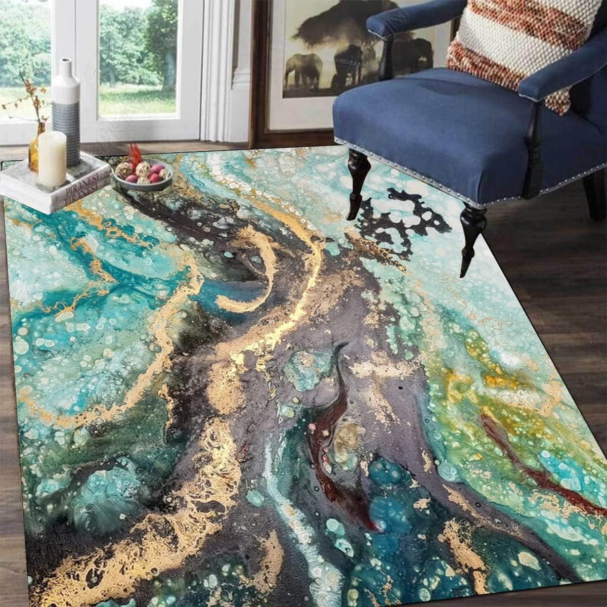 Dusty Grey Teal Blue Modern Abstract Area Rug For Living Room Vintage ...