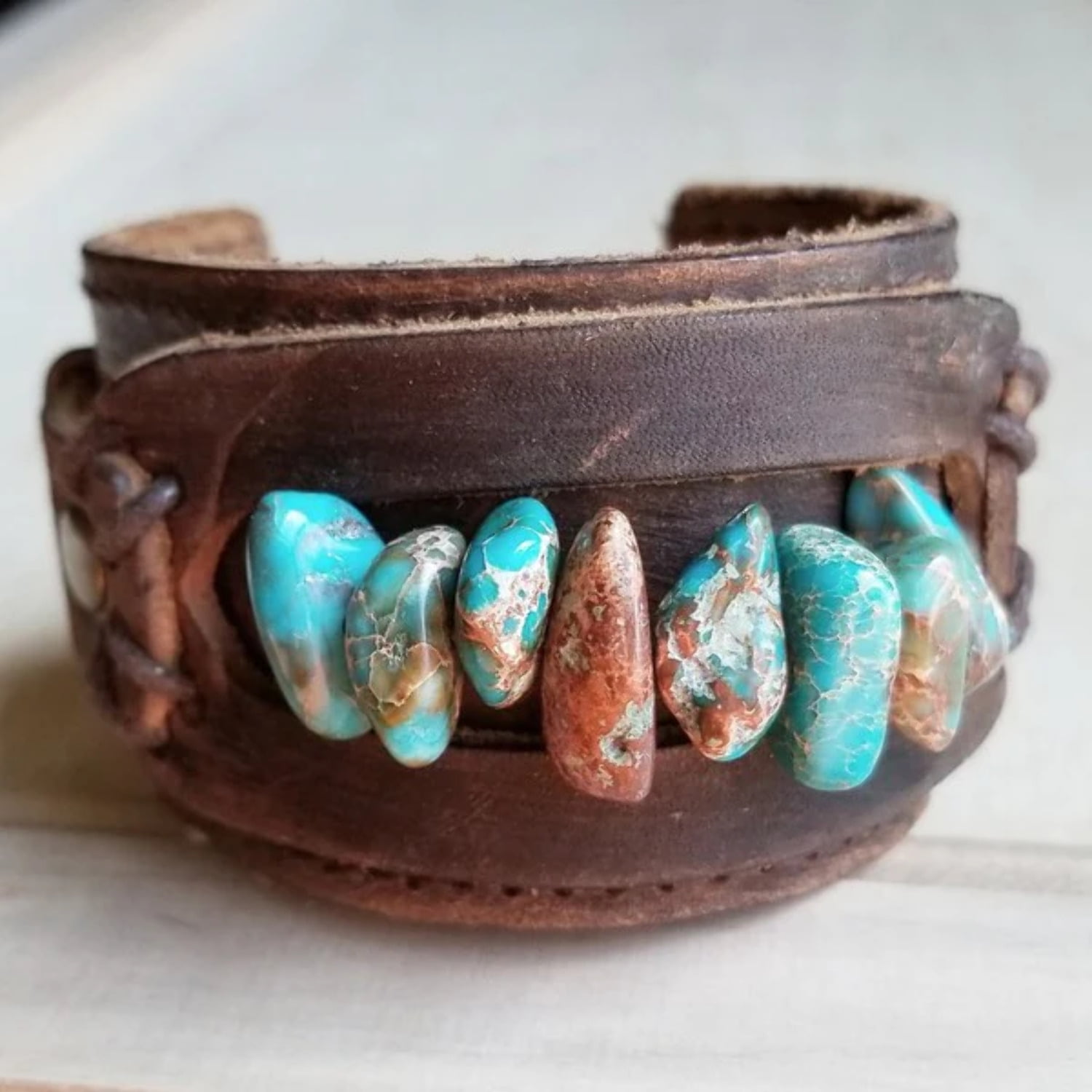 Dusty Leather Cuff with Turquoise Regalite Chunks - Walmart.com