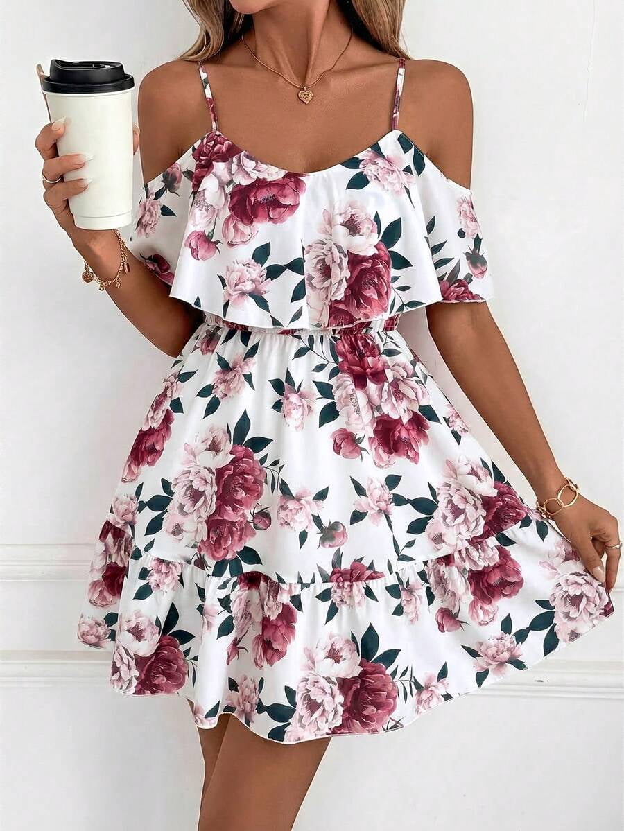Dusty Pink Floral Print Off-Shoulder Ruffle Hem Mini Dress For Women ...