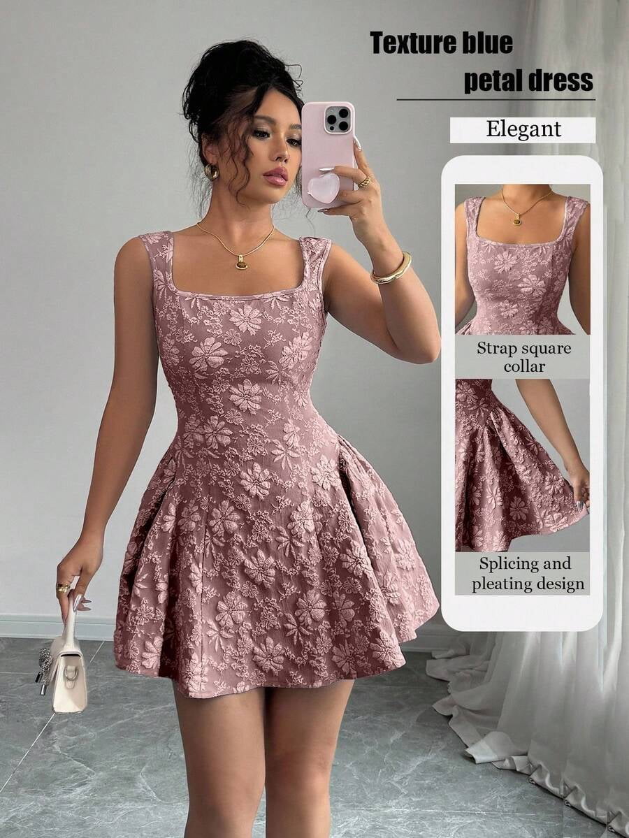 Dusty Pink Floral Texture Petal Mini Dress Sleeveless Square Neck ...