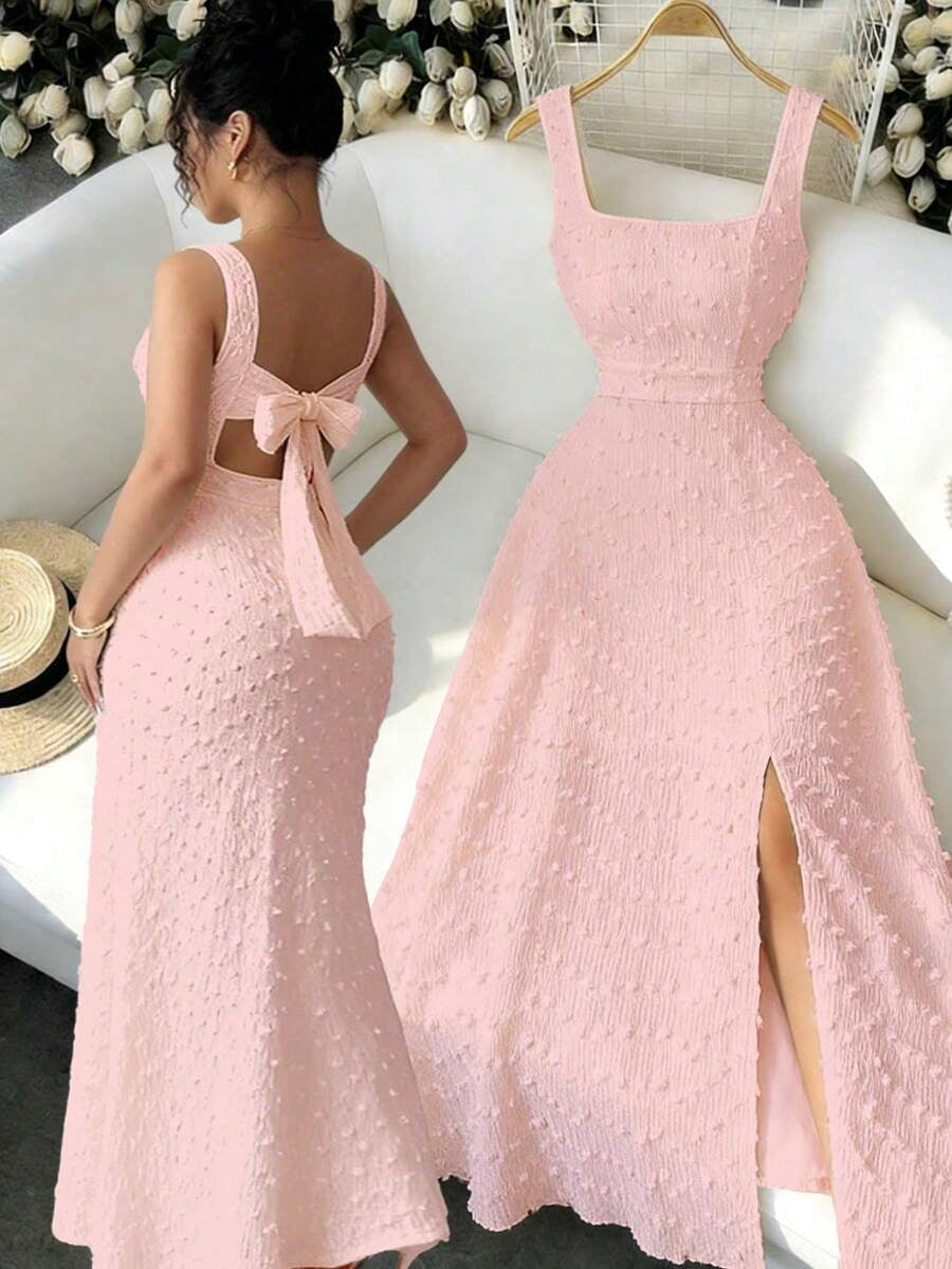 Dusty Pink Square Neck Sleeveless Textured Knit Maxi Dress With Open ...