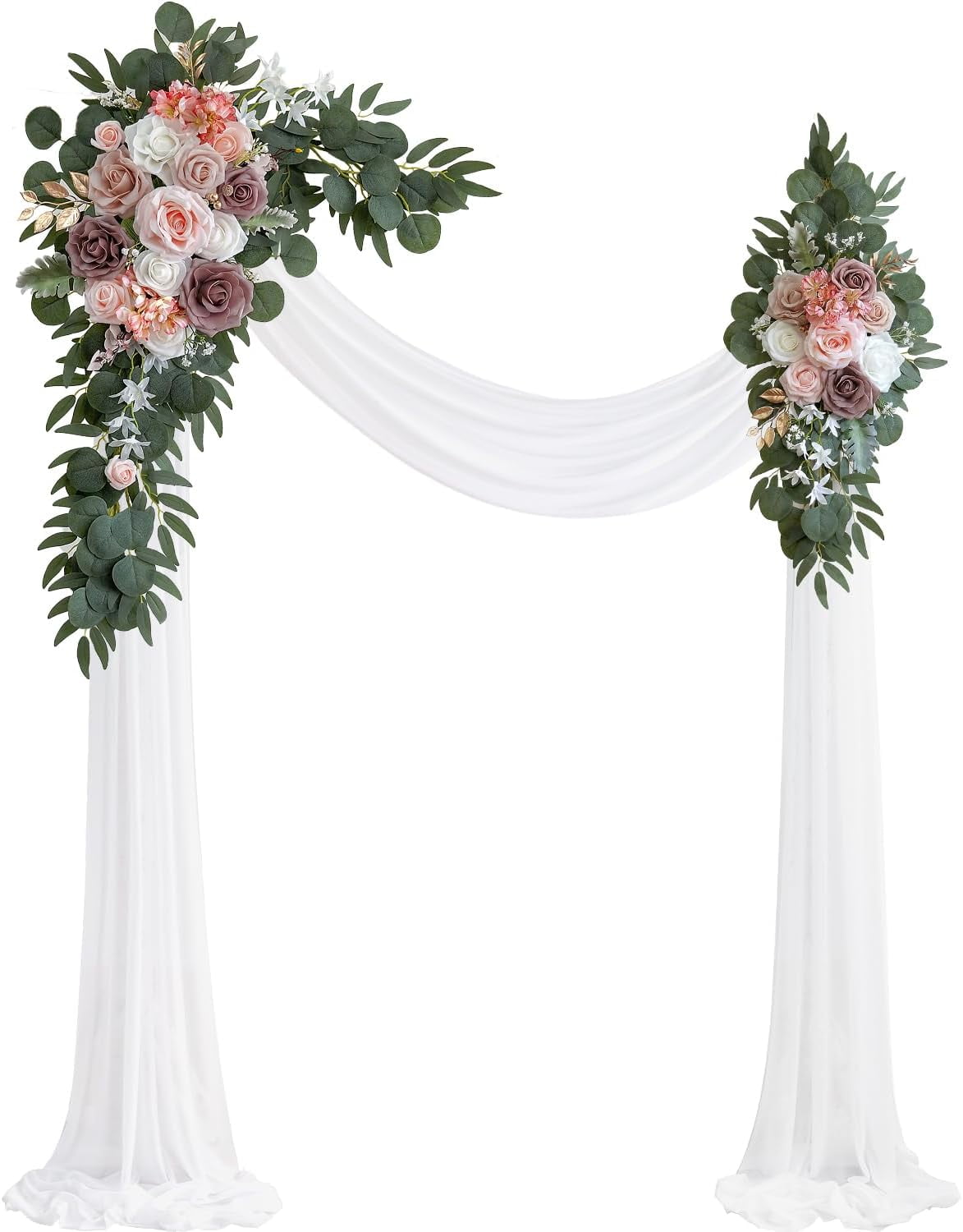 Dusty Rose Artificial Wedding Arch Flowers Kit (Pack of 3) with 26Ft White Shiny Arch Draping ...