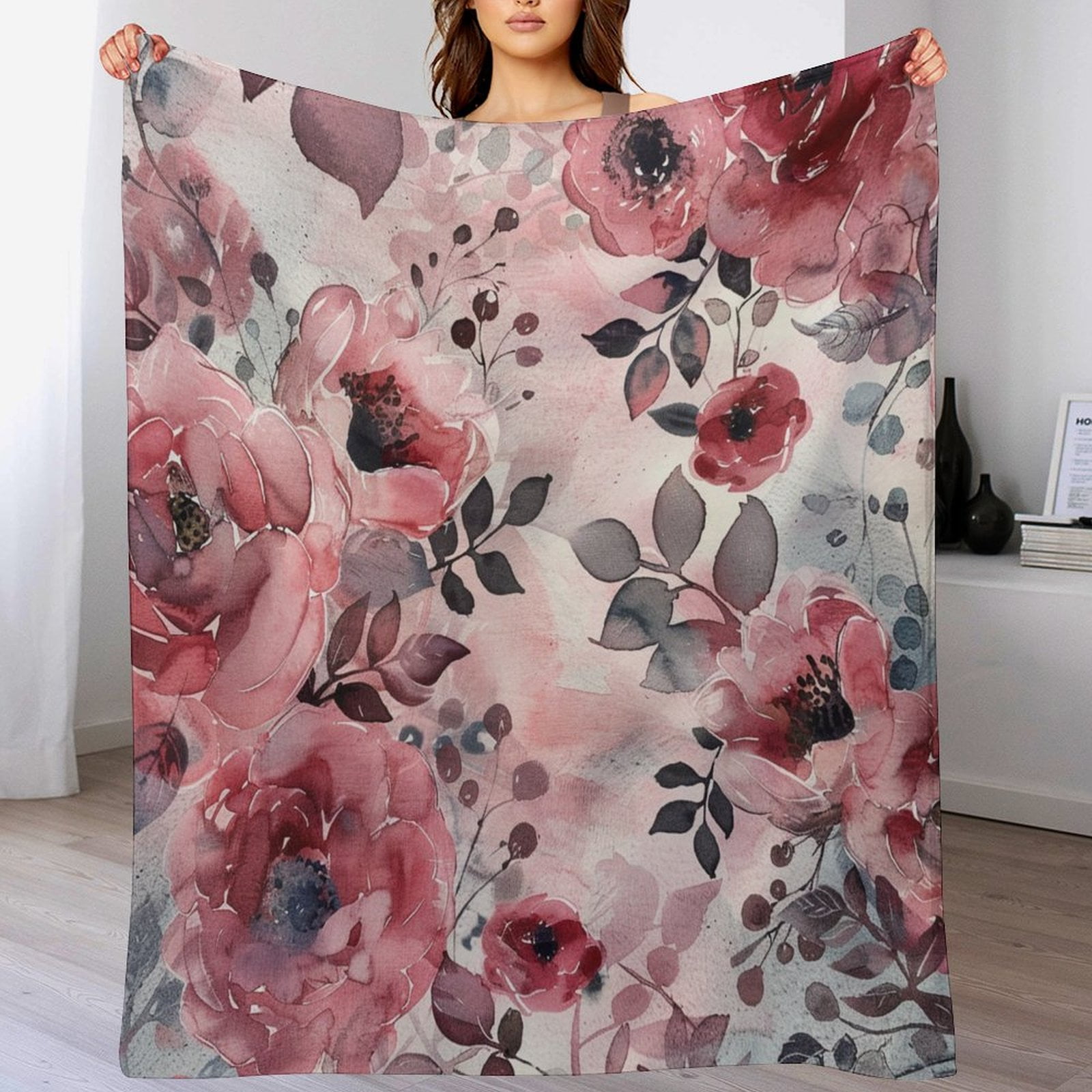 Dusty Rose Boho Floral Watercolor Flannel Blanket for Living Room 60 ...