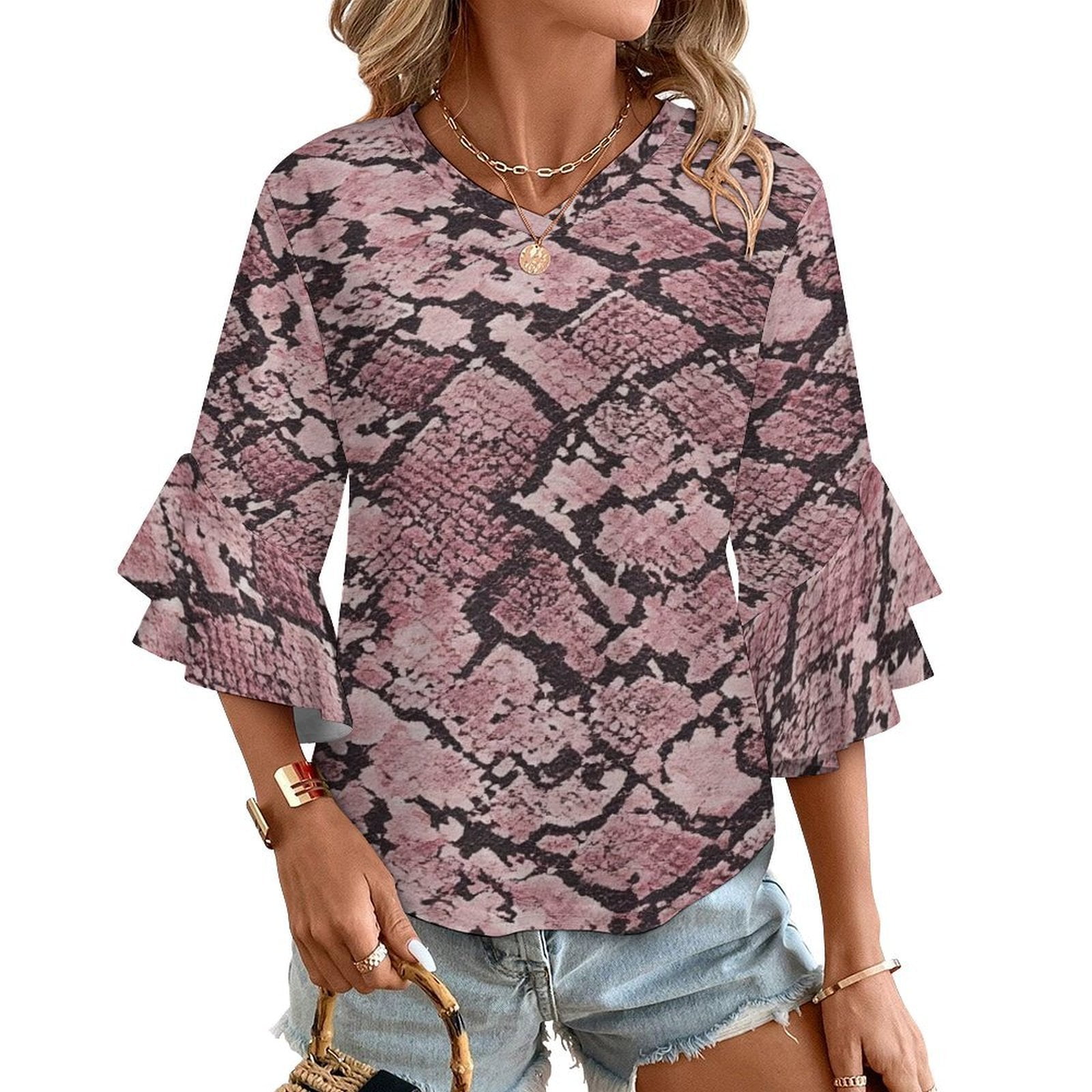 Dusty Rose Snakeskin Pattern Texture Women's V-Neck Blouse With 3/4 Ruffled Bell Sleeves Casual ...
