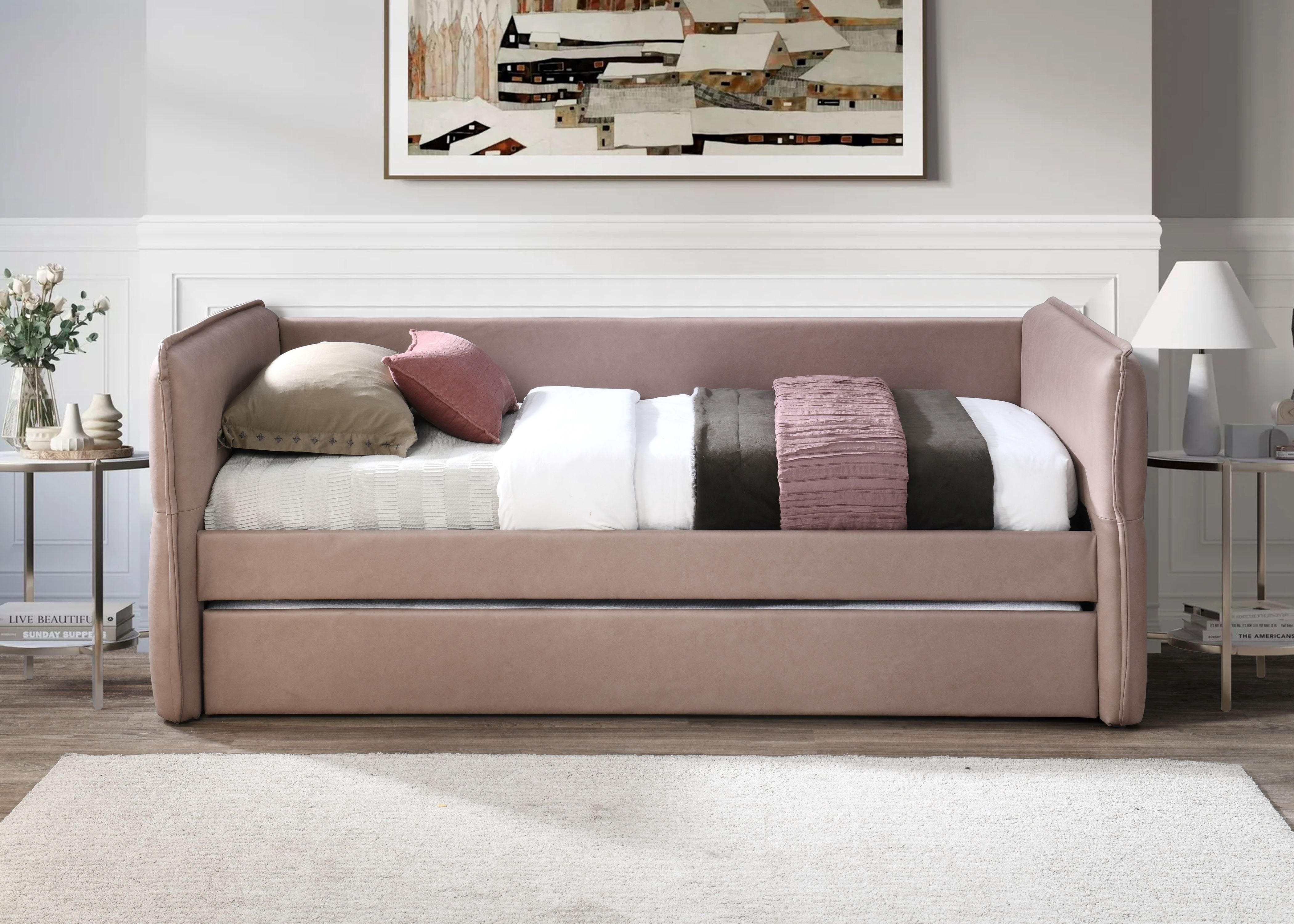 Dusty Rose Twin Daybed with Trundle - Upholstered Polyester Fabric ...