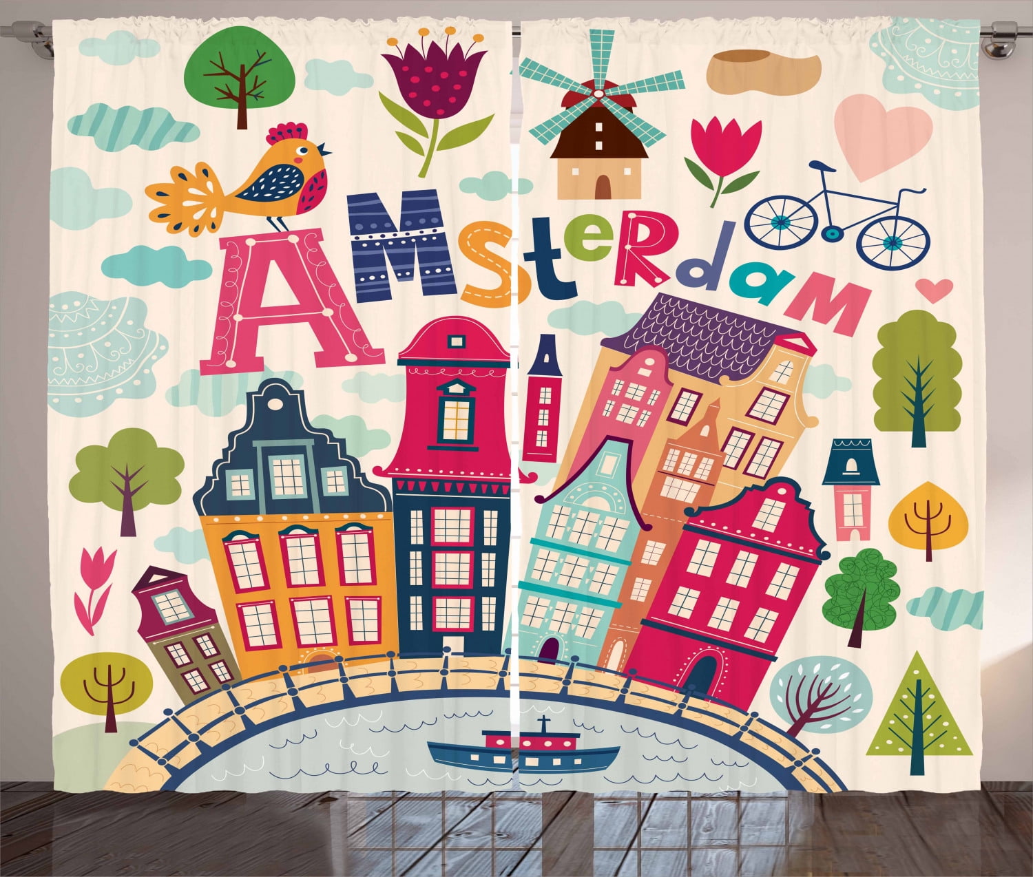 Ambesonne Dutch Curtains 2 Panel Set, Cartoon Amsterdam Houses, 108" x ...