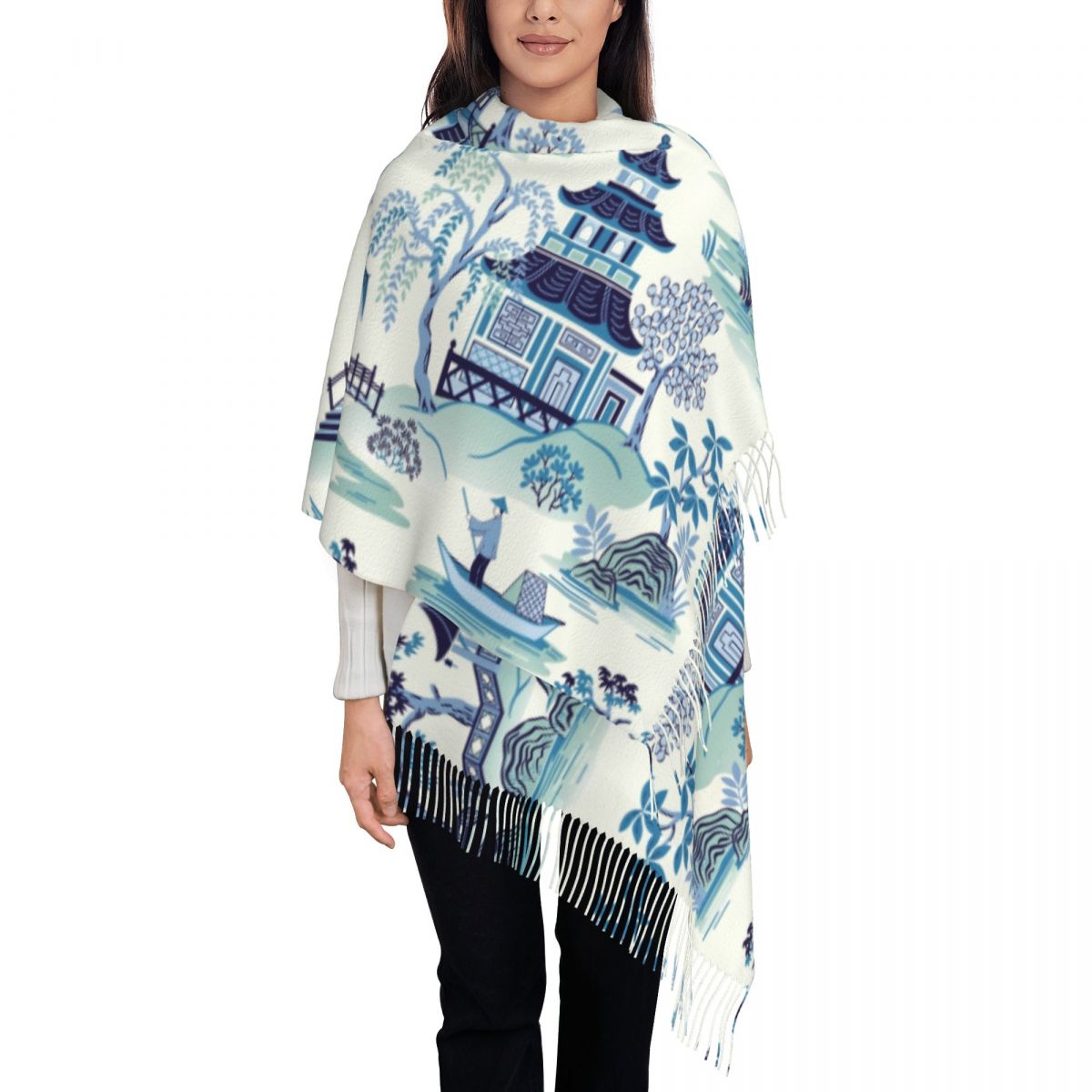 Dutch Delft Blue Tiles Scarf Wrap Women Long Winter Warm Tassel Shawl ...