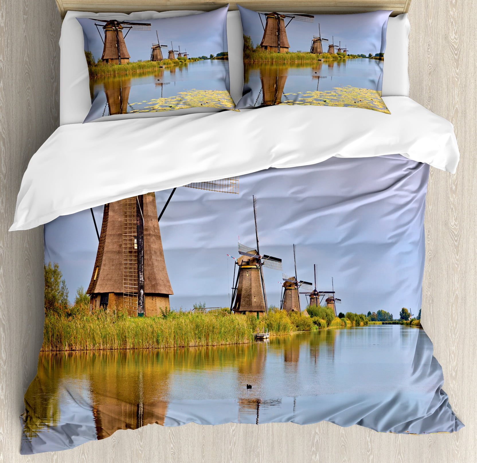 Dutch Duvet Cover Set, Landscape Image of Traditional Wooden Windmills ...