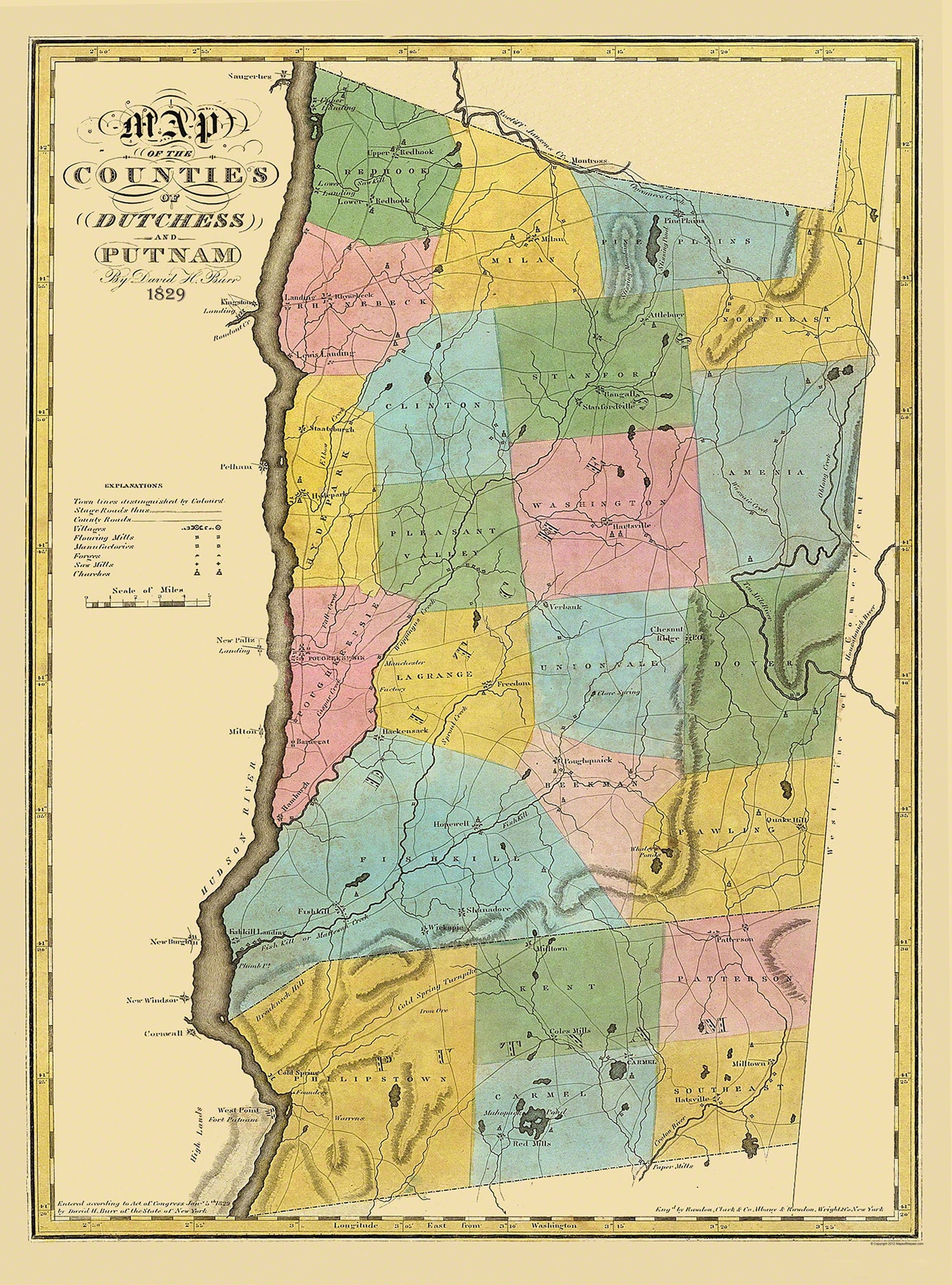 Historic County Map - Dutchess Putnam Counties New York - Burr 1829 ...