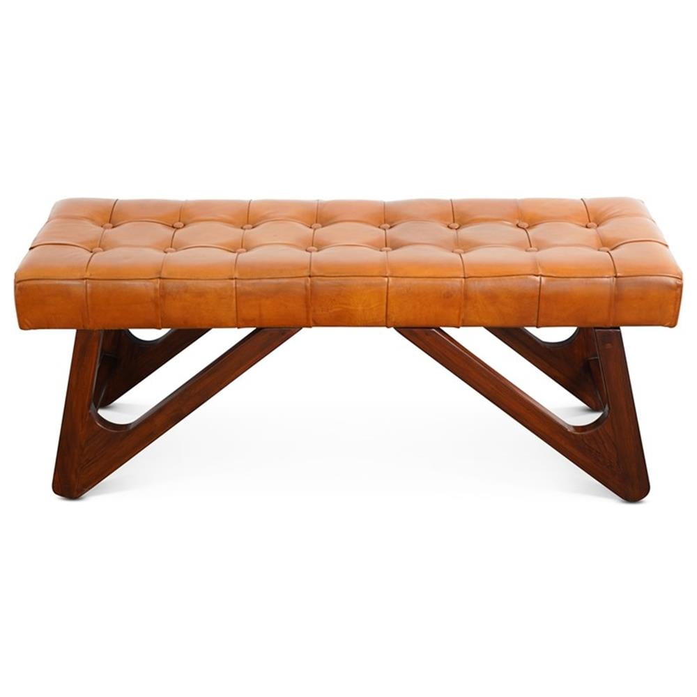Mid-Century Modern Upholstered Leather Bench in Tan - Walmart.com