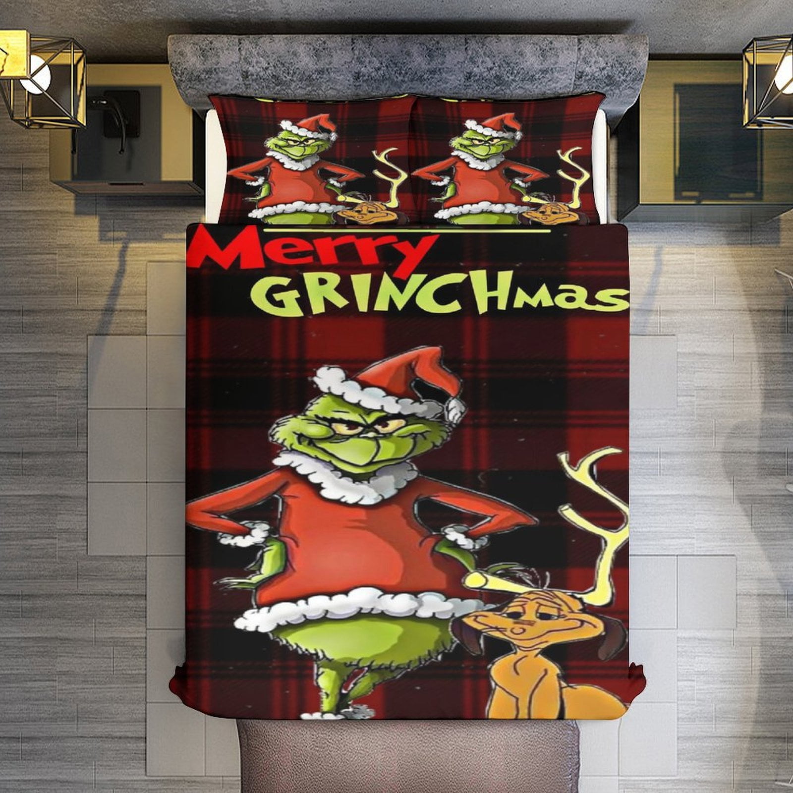 Duvet Cover,Christmas Grinch Checkered Anime Cartoon Bed Sheets for ...