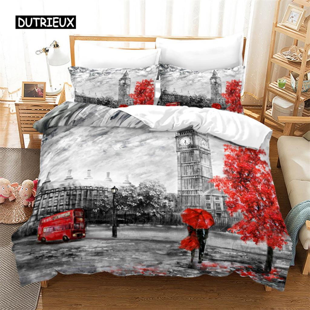 Duvet Cover Eiffel Tower Romantic Couple Flower King Comforter Cover ...