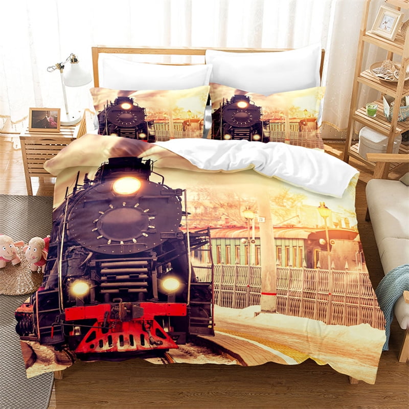 Duvet Cover Full Size Boys Steam Engine Bedding Set Microfiber 3D Rail Vehicles Comforter Cover ...