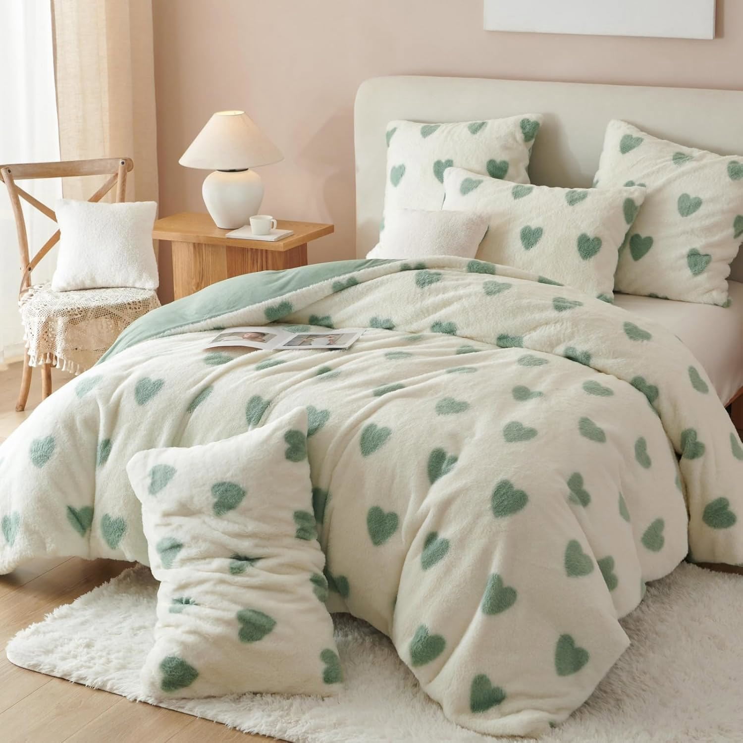 Duvet Cover Plush Bedding Set Green Heart Love Faux Fur Fluffy Winter ...