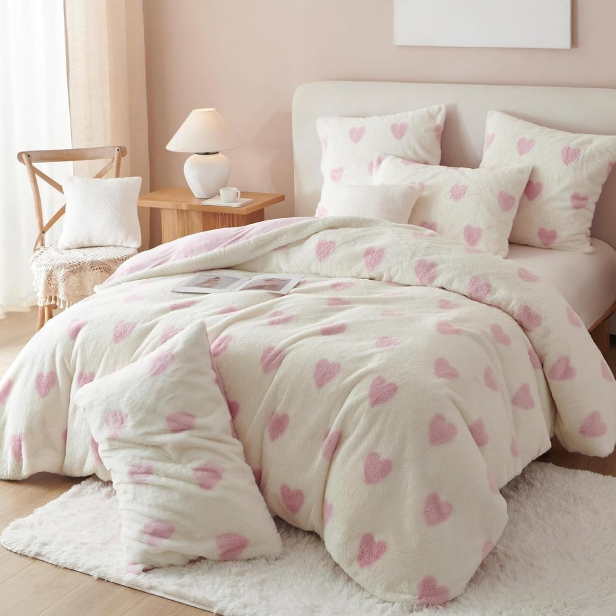 Duvet Cover Plush Bedding Set Pink Heart Love Faux Fur Fluffy Winter ...