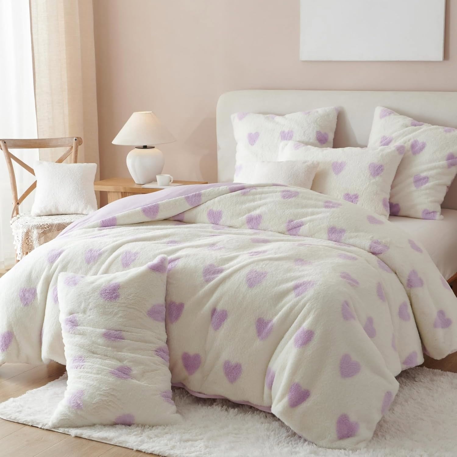 Duvet Cover Plush Bedding Set Purple Heart Love Faux Fur Fluffy Winter ...
