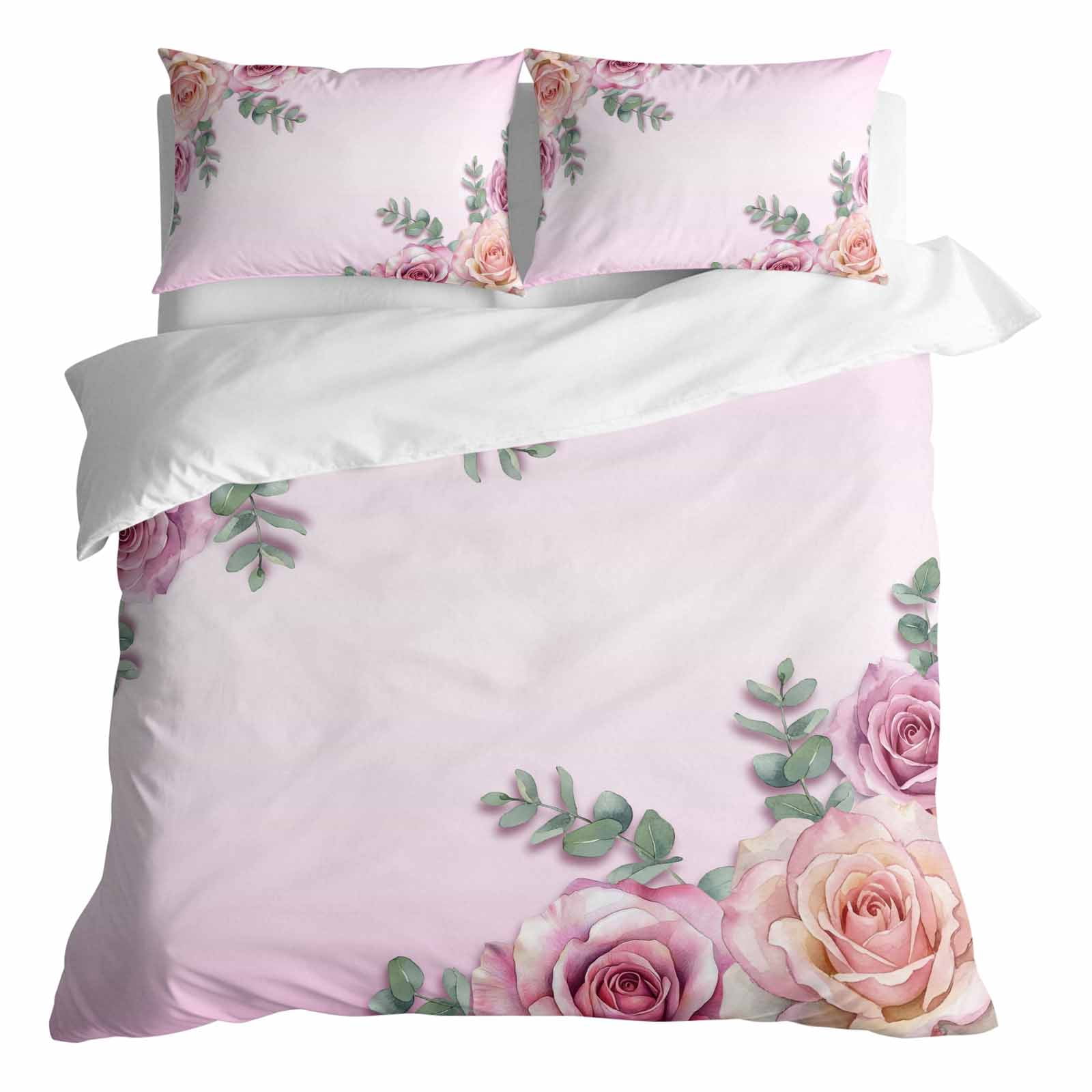 Duvet Cover Queen Size 3 Piece Bedding Set, Pastoral Rose Flower Leaf ...