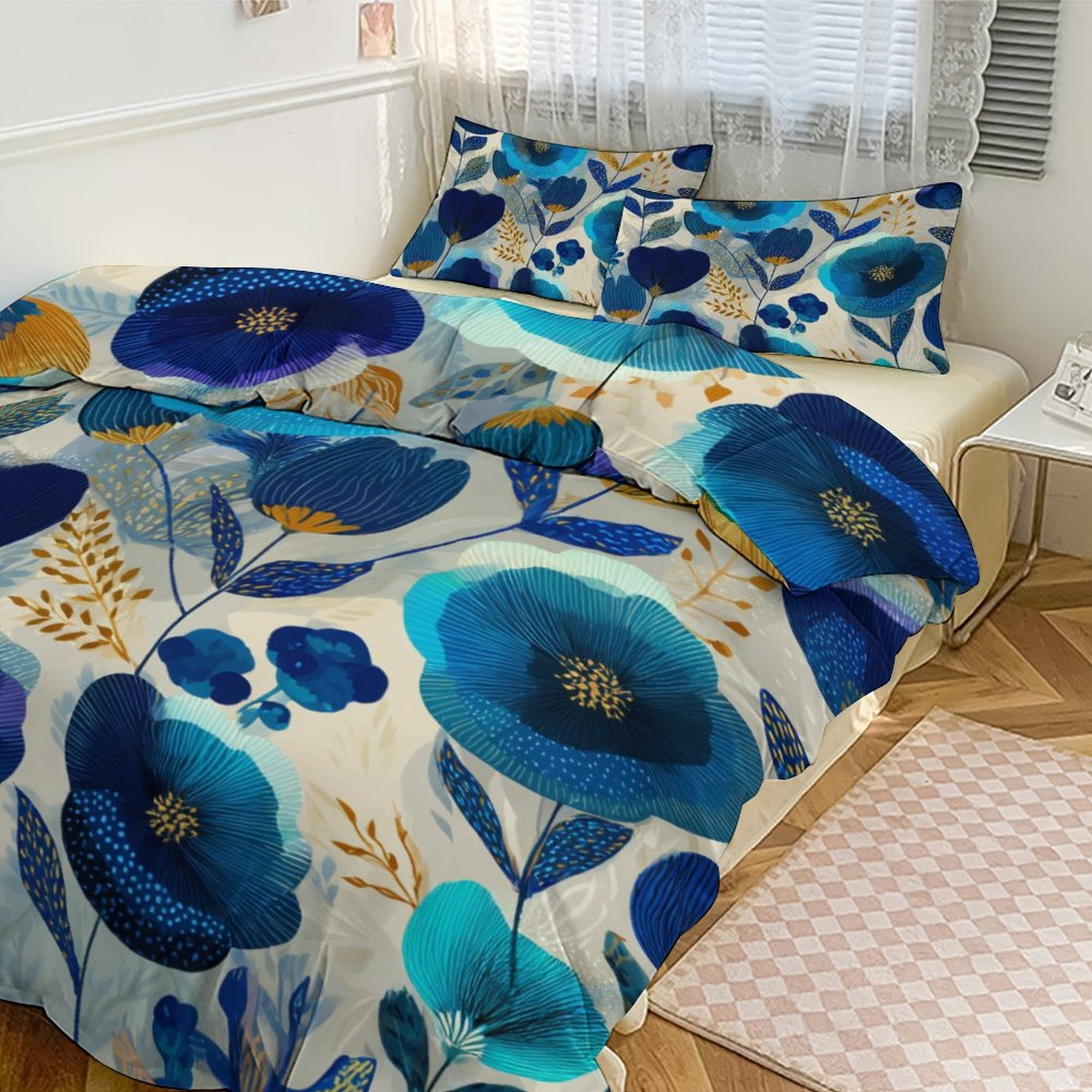 Duvet Cover Queen Size Blue Floral Pattern Textured Design 3 Pcs Duvet ...